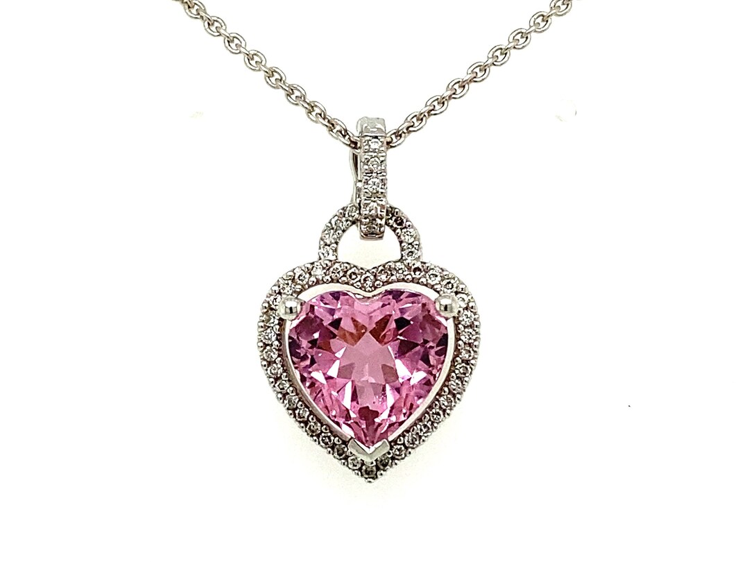 14k White Gold Pink Quartz Heart Necklace: Diamond Clasp - Etsy
