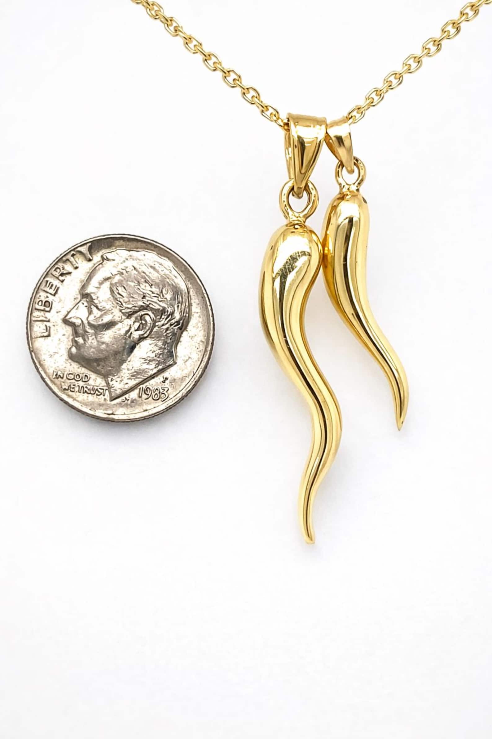 14k Solid Yellow Gold Italian Horn Charm Necklace Pendant / 14k Yellow ...