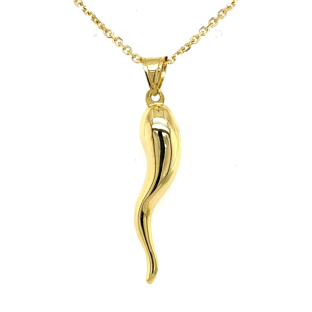 14k Hollow Yellow Gold Italian Horn Charm Necklace Pendant / 14k Yellow ...