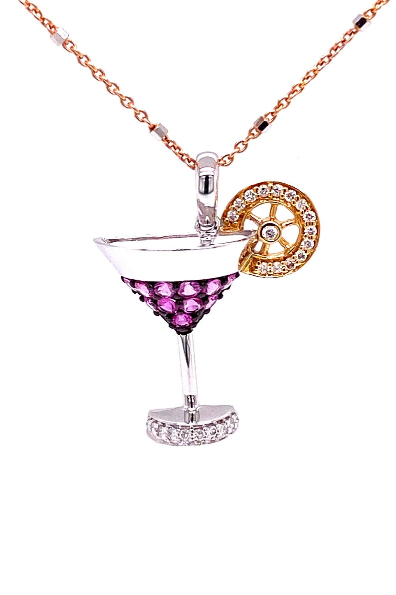 18k Martini Glass Cocktail Charm Pendant Necklace With Pink Sapphires ...