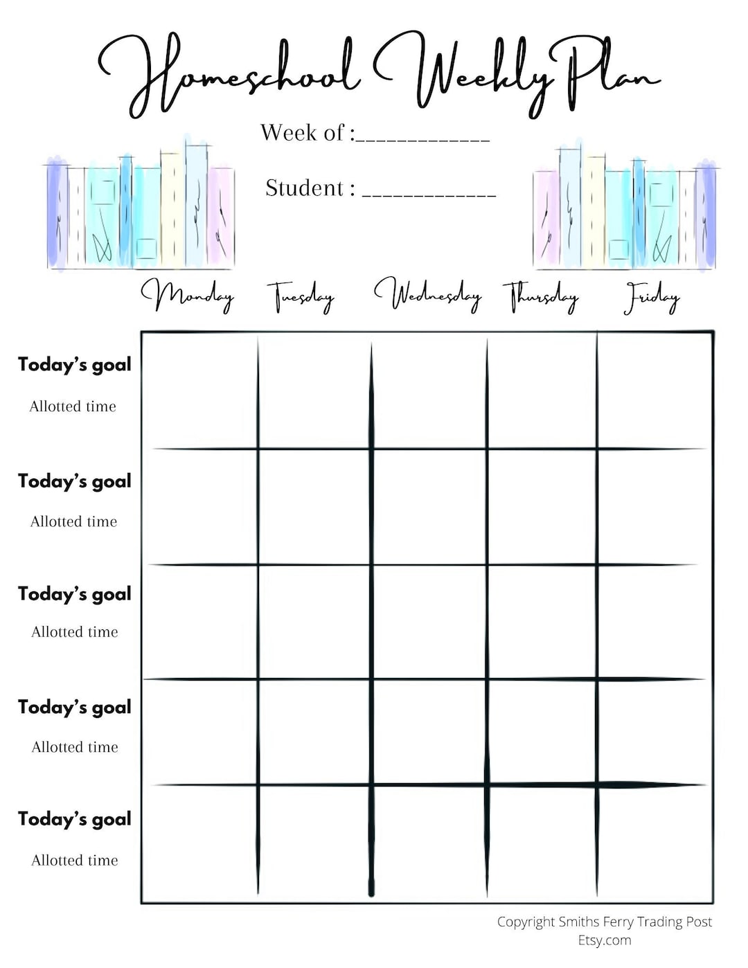 Homeschool Weekly Plan Chart-instant DOWNLOAD - Etsy