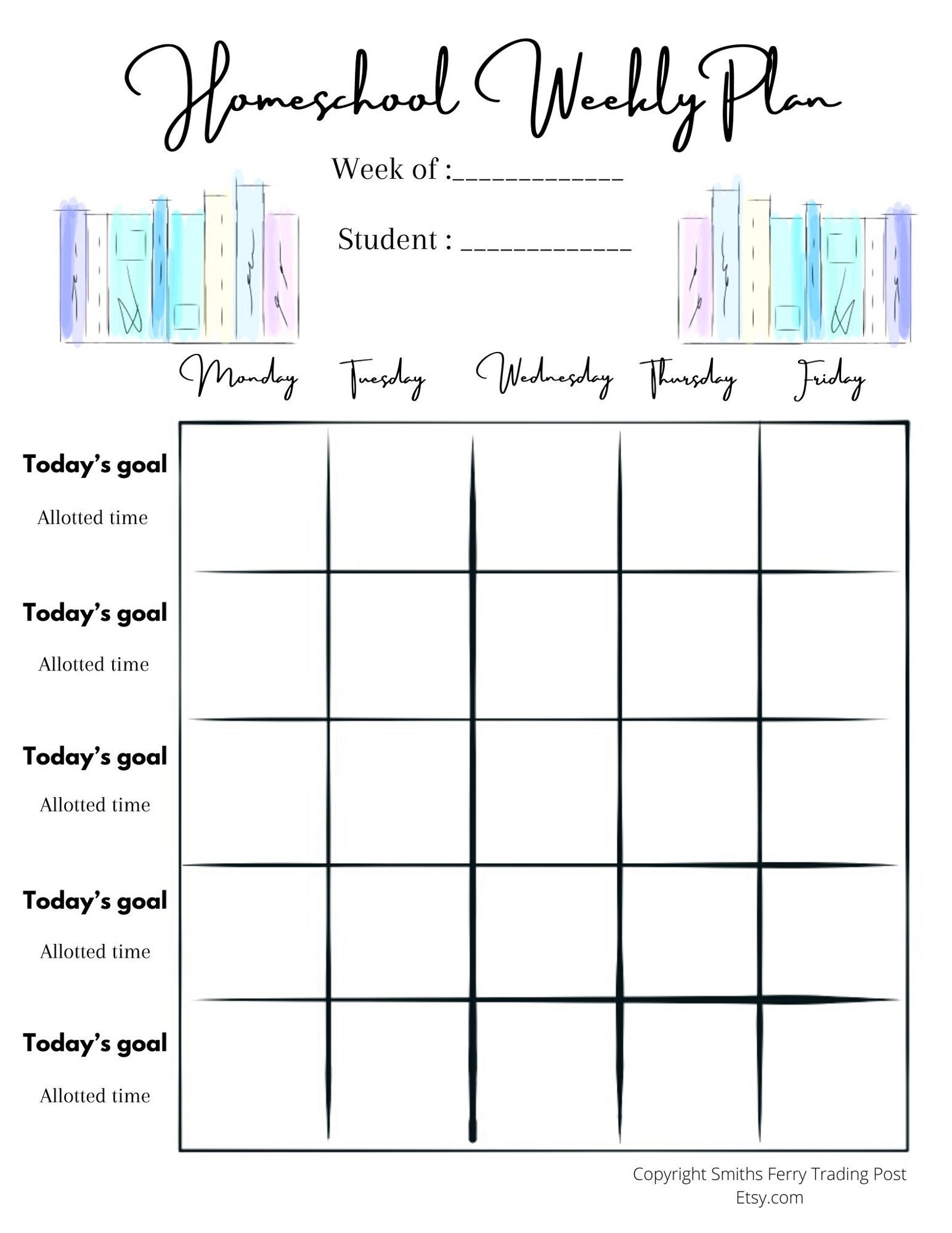 Homeschool Weekly Plan Chart-instant DOWNLOAD - Etsy