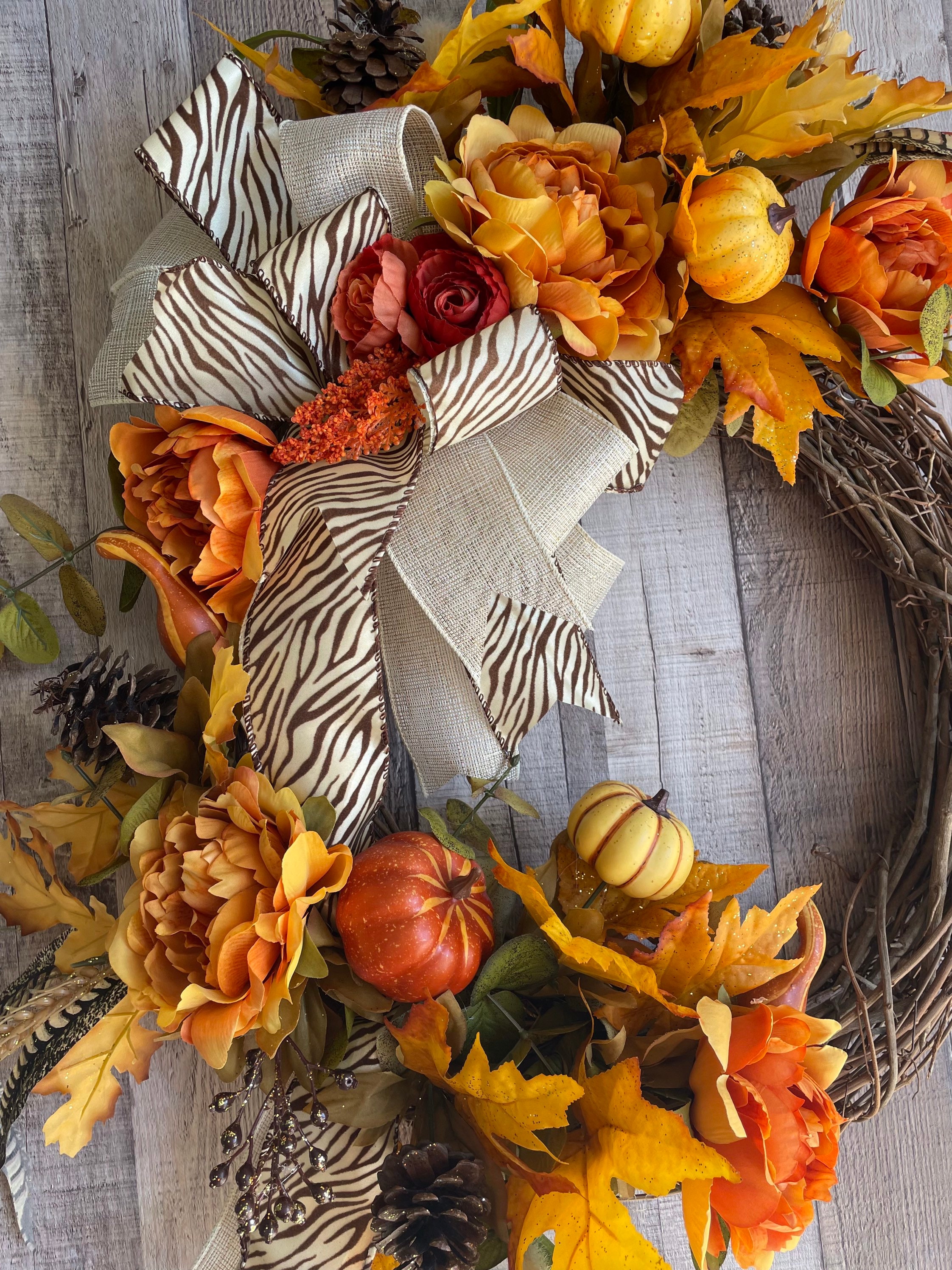 Orange Peony Pumpkin Fall Wreath, Zebra Ribbon, Farmhouse Decor - Etsy