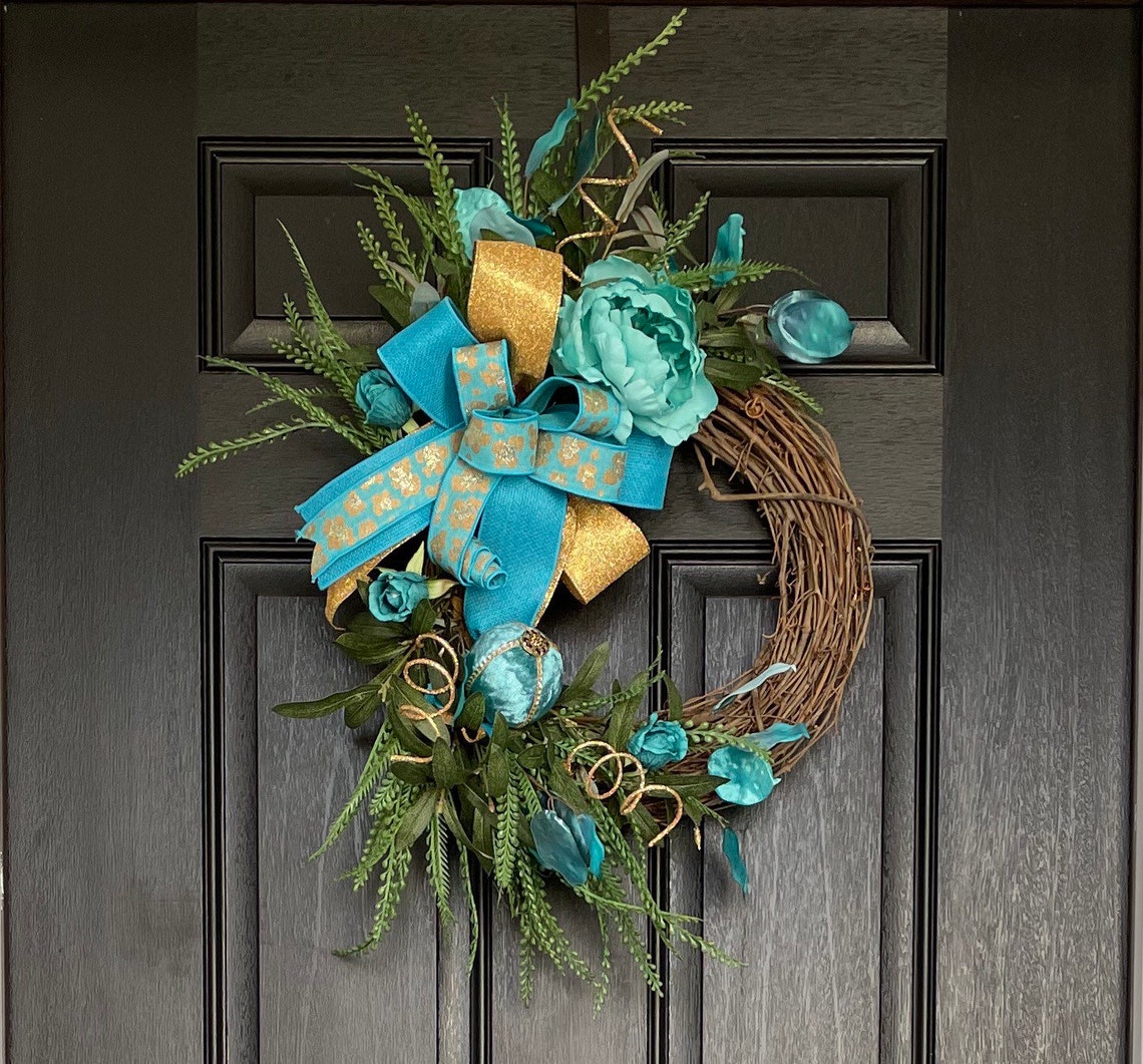 Teal Fall Peony Wreath for Front Door Velvet Decorative Fall - Etsy
