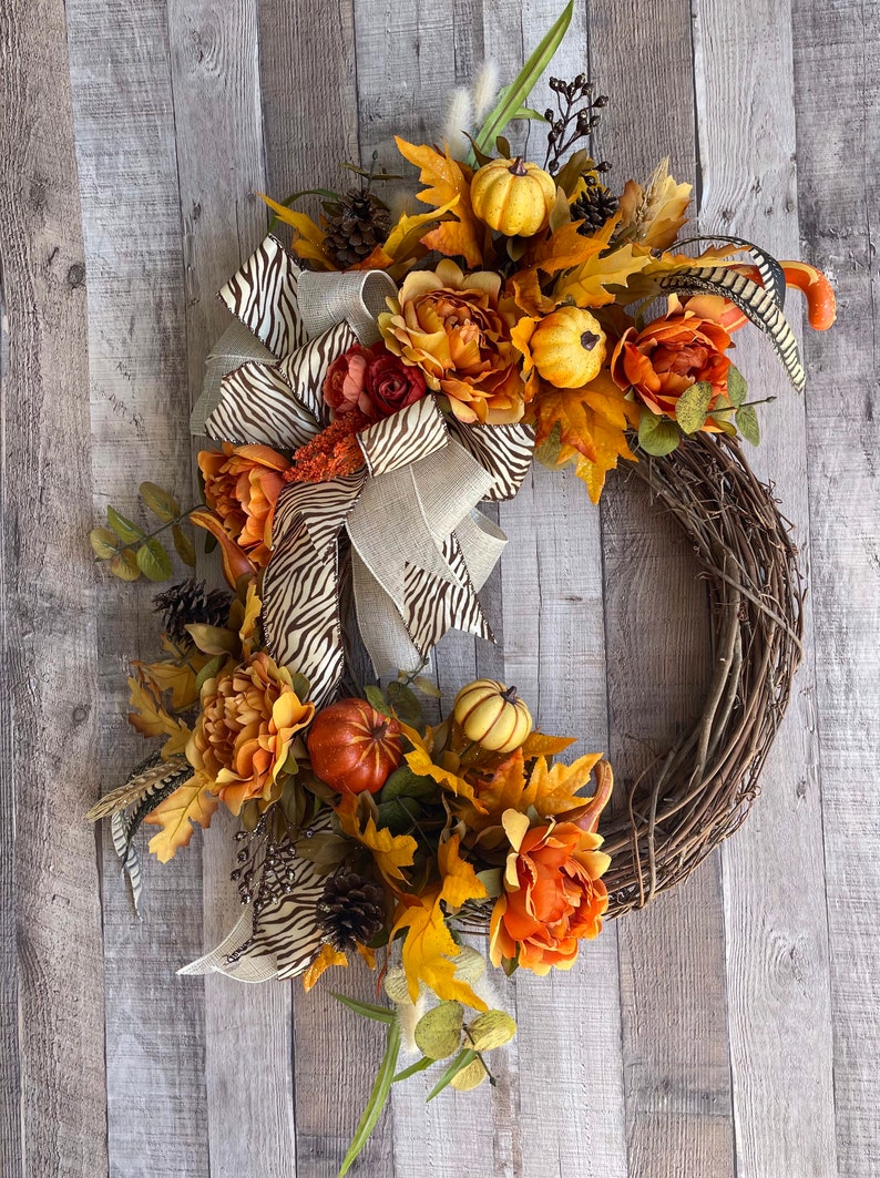 Orange Peony Pumpkin Fall Wreath, Zebra Ribbon, Farmhouse Decor - Etsy