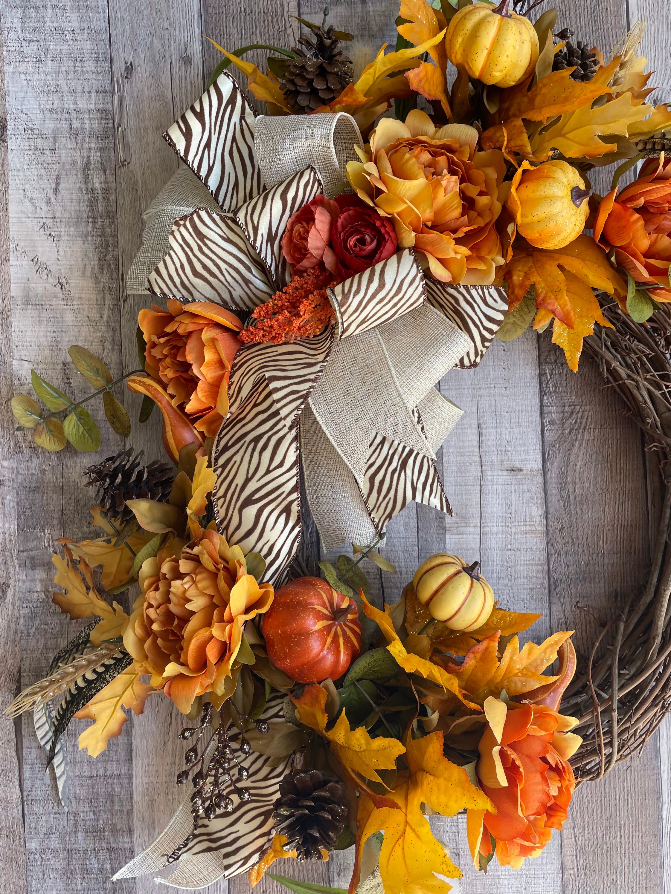 Orange Peony Pumpkin Fall Wreath, Zebra Ribbon, Farmhouse Decor - Etsy
