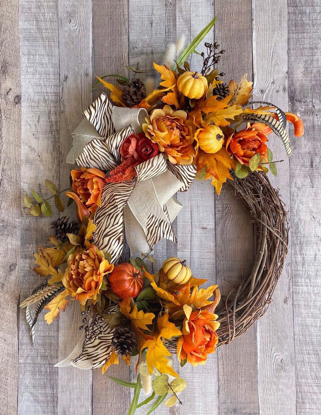 Orange Peony Pumpkin Fall Wreath, Zebra Ribbon, Farmhouse Decor - Etsy