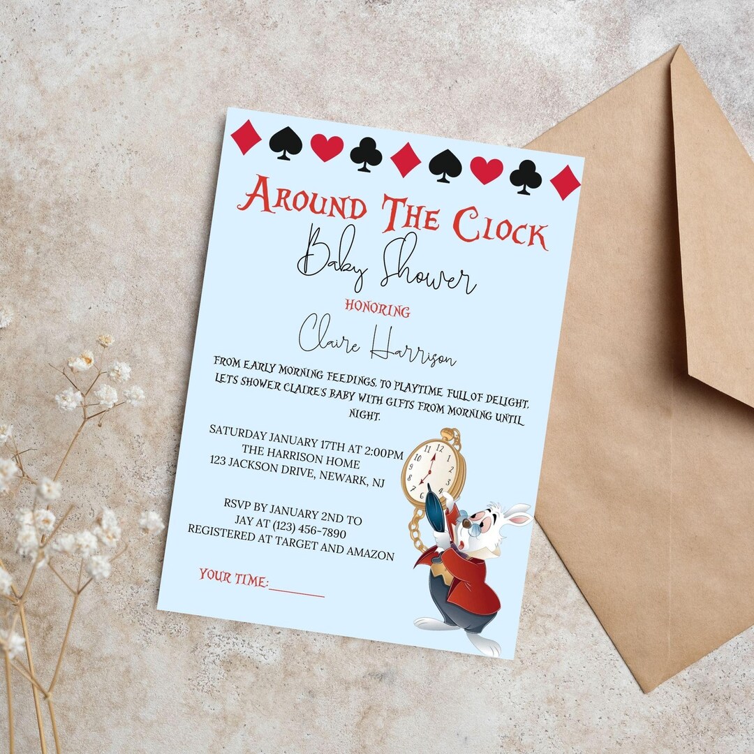 Around the Clock Baby Shower Invitation, Don't Be Late Wonderland ...