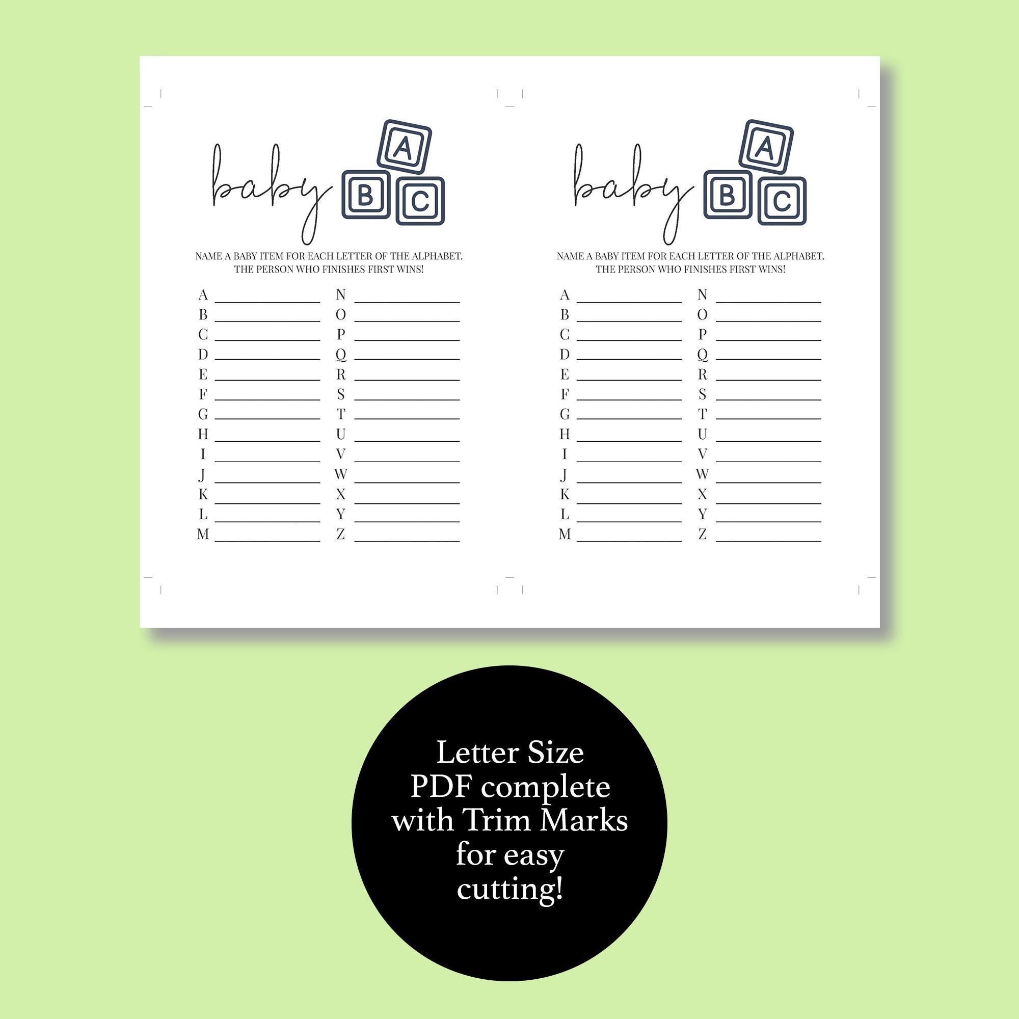 Baby ABC Baby Shower Game Card Name That Baby Item Digital - Etsy