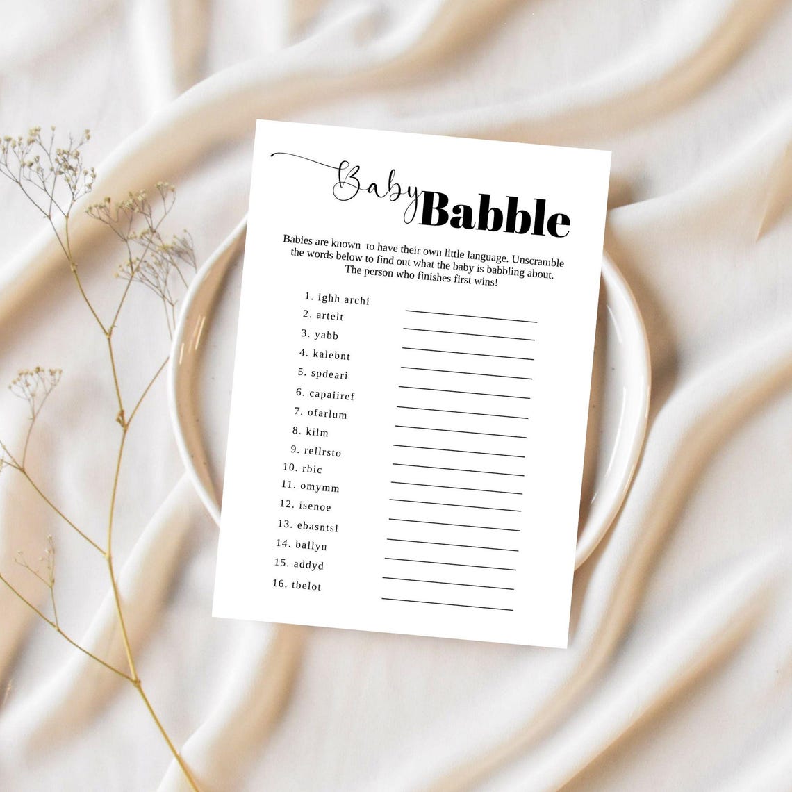 Baby Babble Word Scramble Game Card Baby Shower Unscramble Activity ...