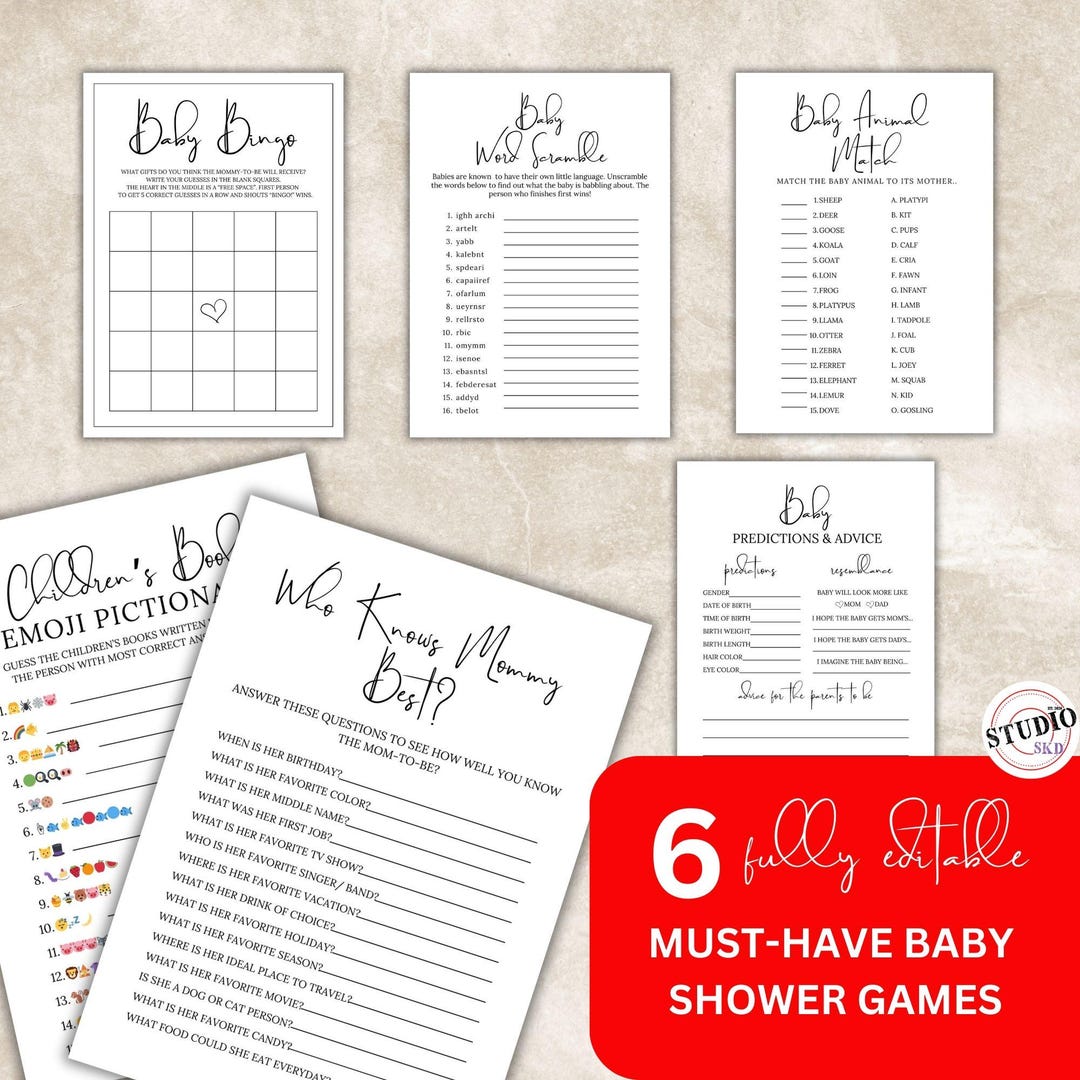 Top 6 Baby Shower Games Bundle Baby Shower Bingo, Who Knows Mommy Best ...