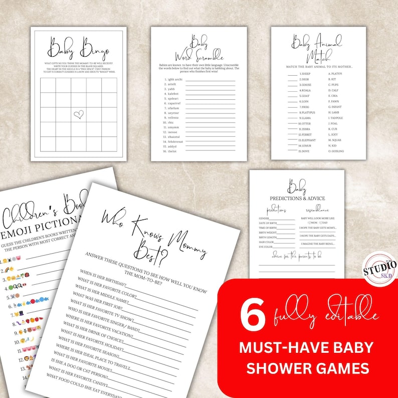 Top 6 Baby Shower Games Bundle Baby Shower Bingo, Who Knows Mommy Best ...