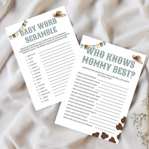 Cowboy Baby Shower Games Bundle - Baby Shower Bingo, Who Knows Mommy ...