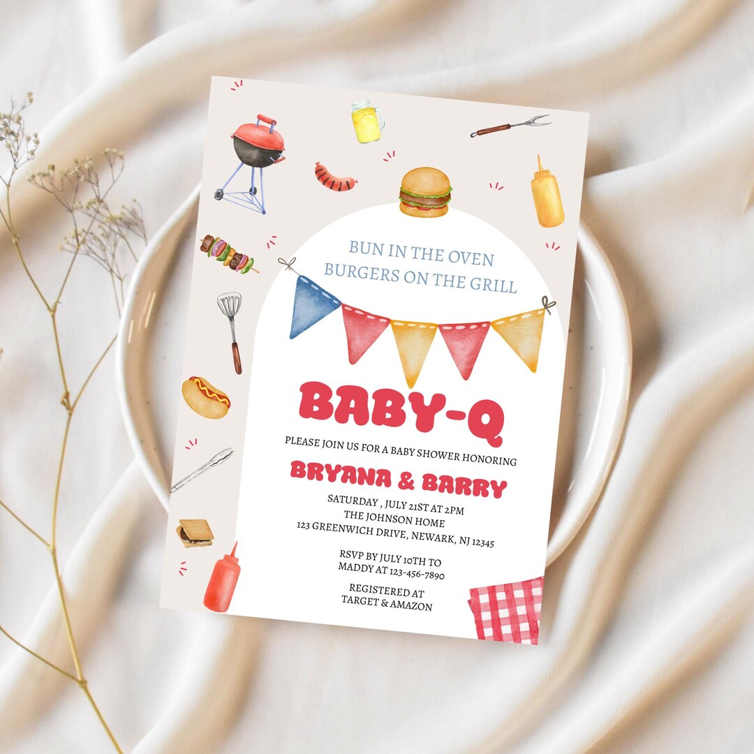 Baby Q Baby Shower Invitation, Bun in the Oven Burgers on the Grill ...