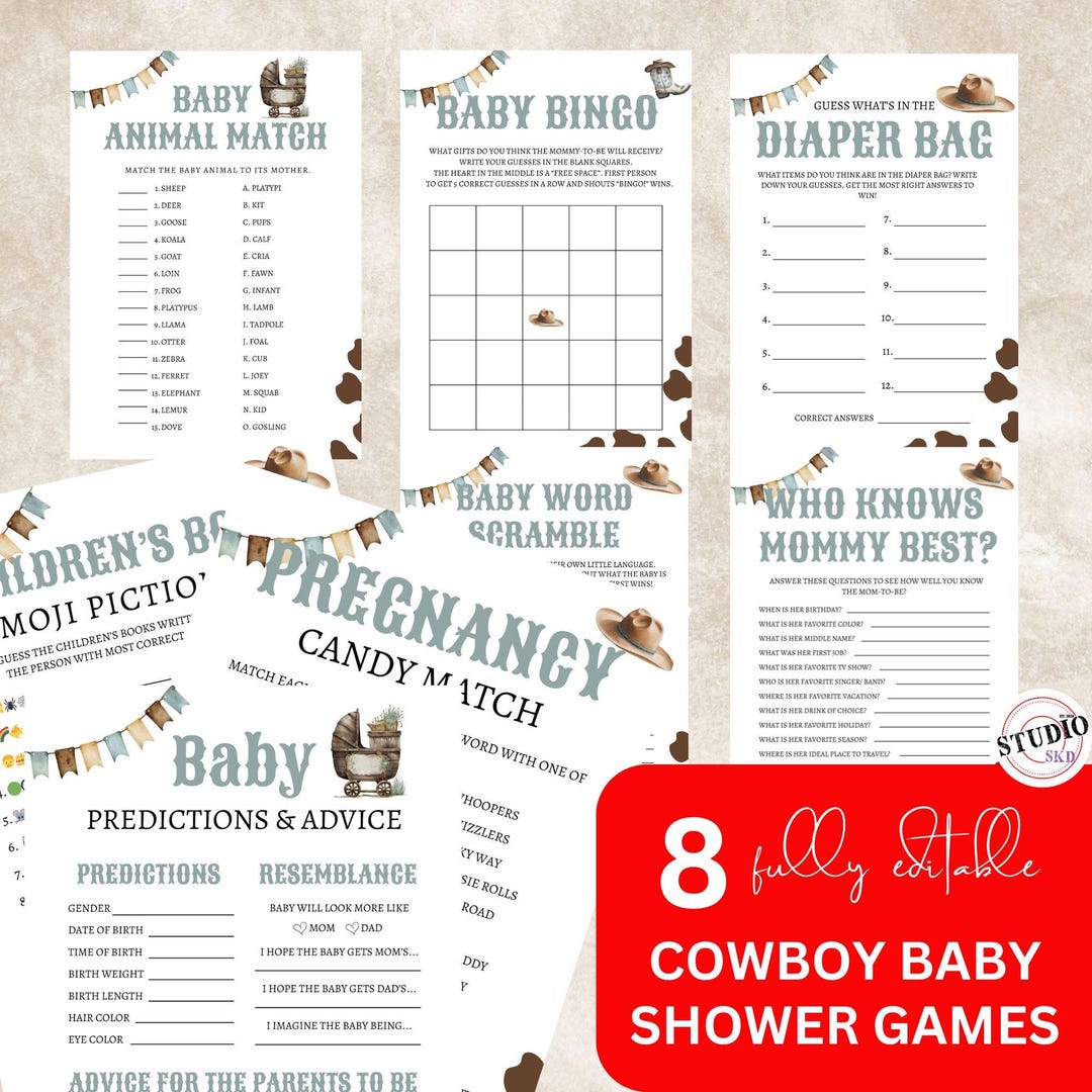 Cowboy Baby Shower Games Bundle - Baby Shower Bingo, Who Knows Mommy ...