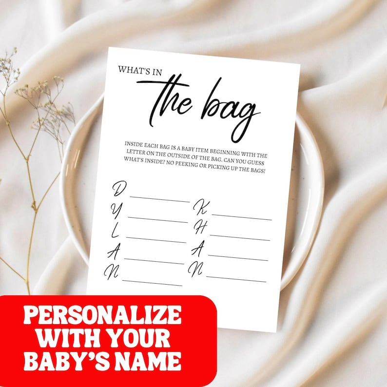 Personalized What's in the Bag Baby Shower Game, Baby Items Guessing ...