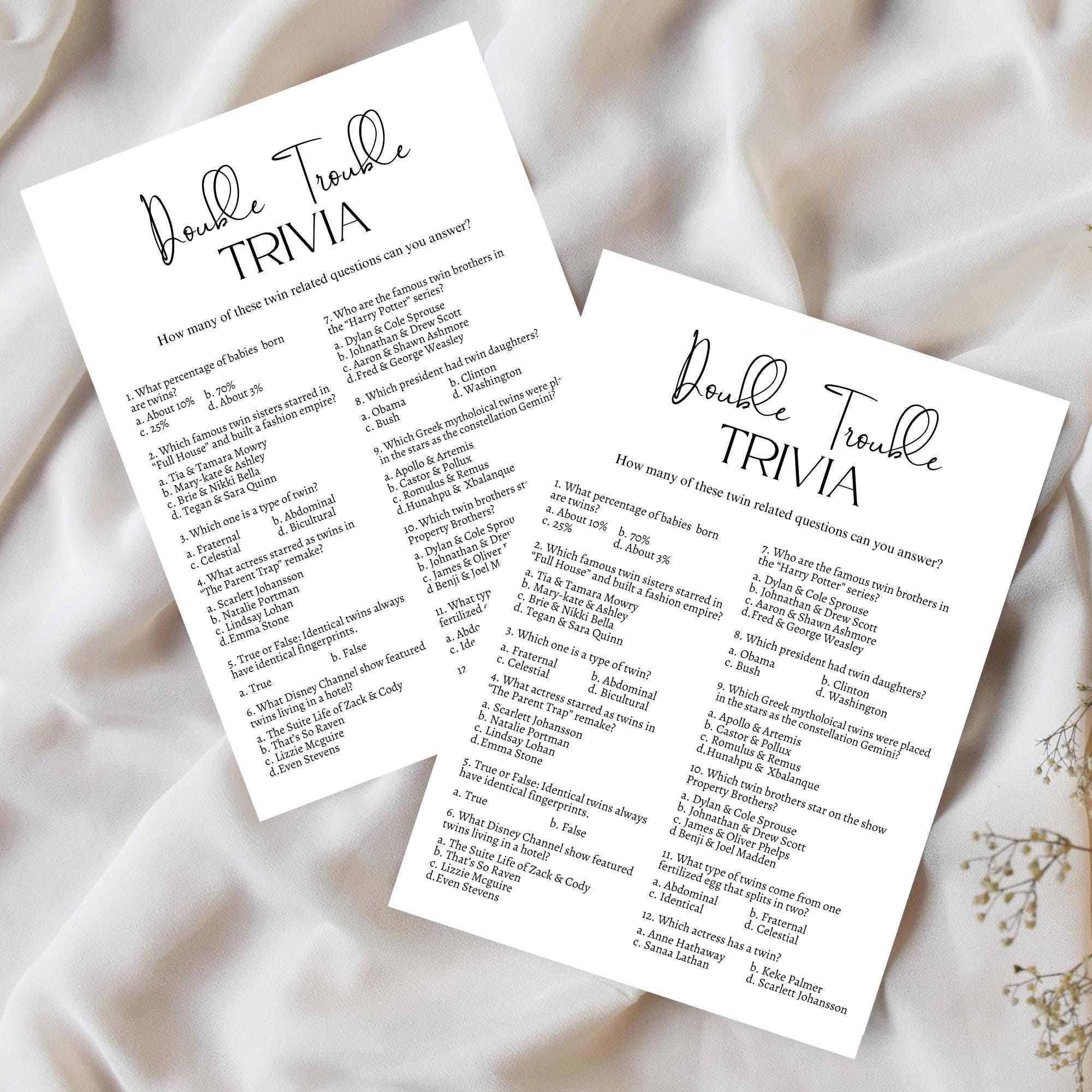 Twins Baby Shower Games, Double Trouble Trivia Game, Twin Baby Shower ...