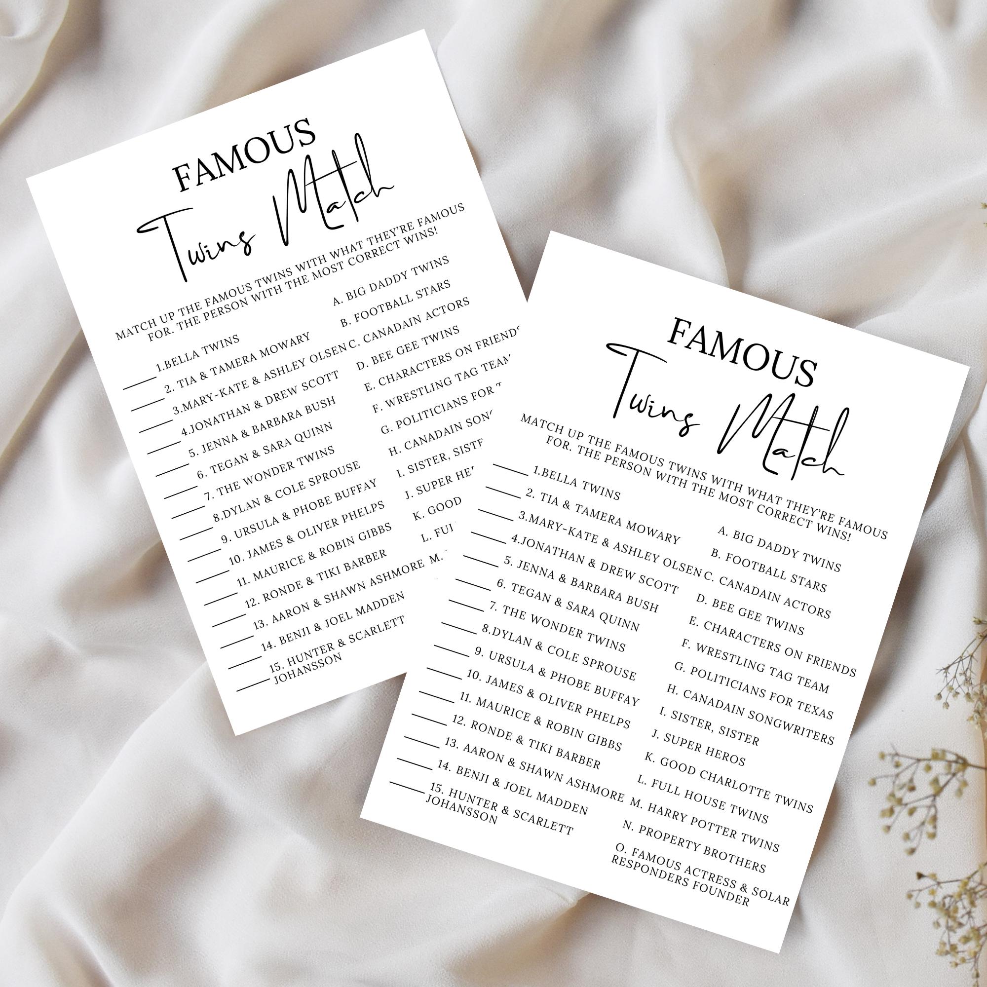 Famous Twins Match Baby Shower Game, Twins Match Game Card, Twin Baby ...