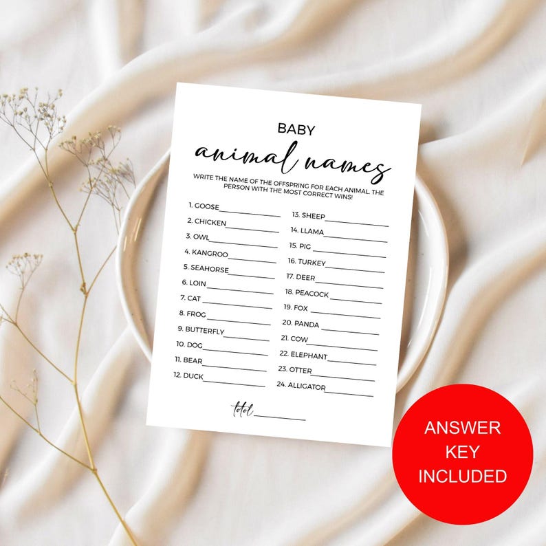 Baby Animal Names Game, Printable Baby Shower Games, Name That ...