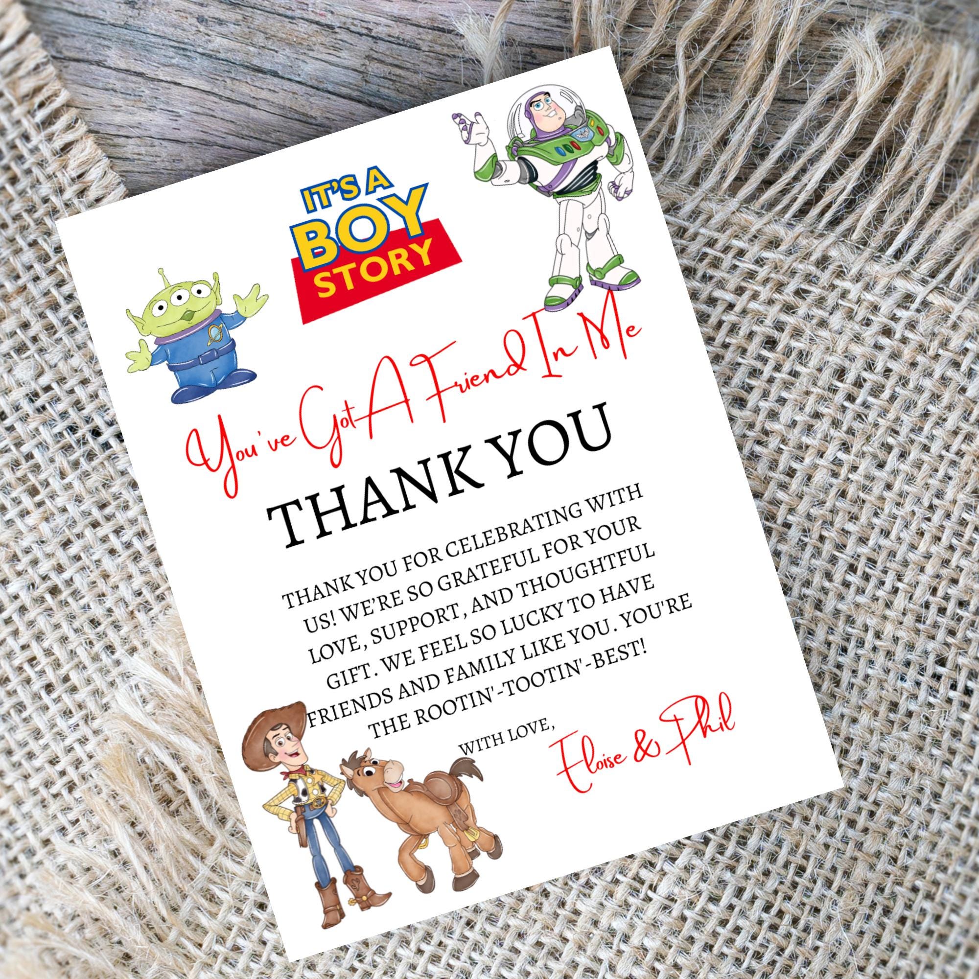 Its A Boy Story Baby Shower Thank You Card, Boy Story Toy Story Baby ...