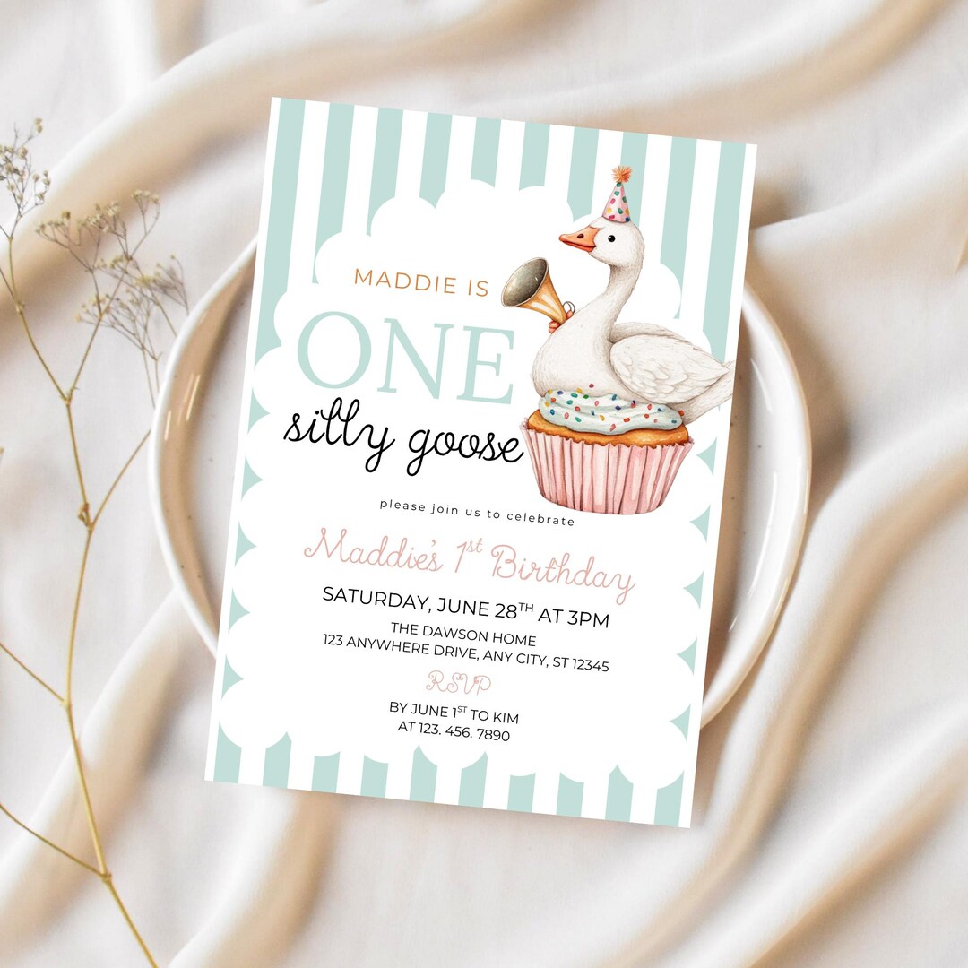One Silly Goose First Birthday Invitation, Goose Cupcake Invite ...