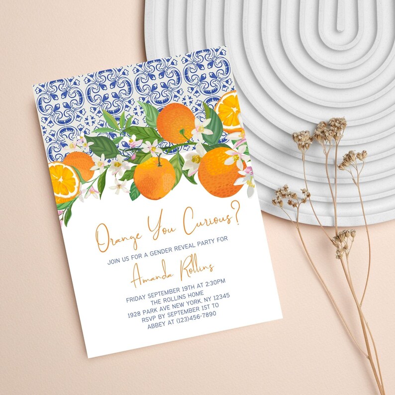 Editable Gender Reveal Invitation, Orange You Curious, A Little Cutie ...