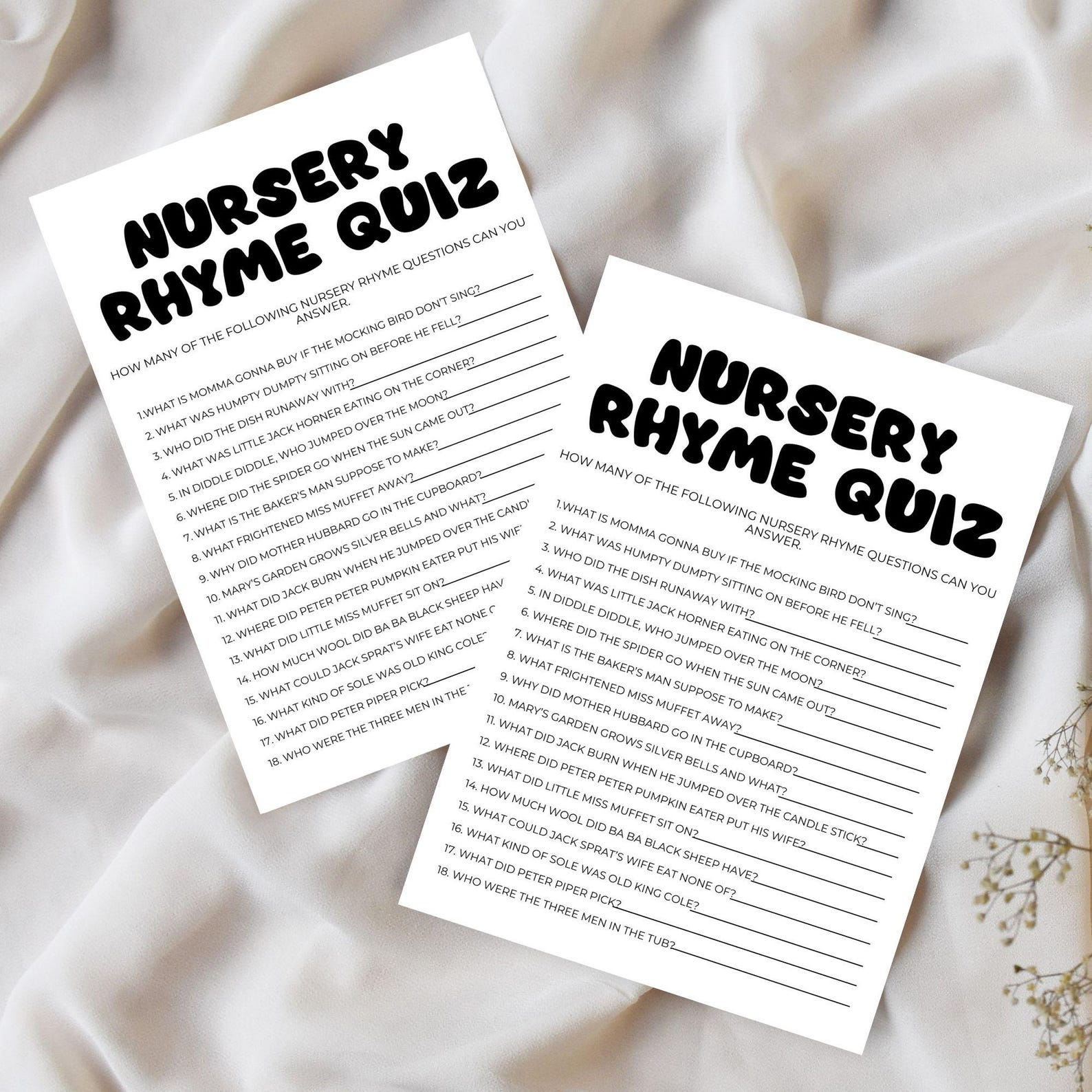 Nursery Rhyme Quiz Baby Shower Game, Shower Nursery Rhyme Game, Nursery ...