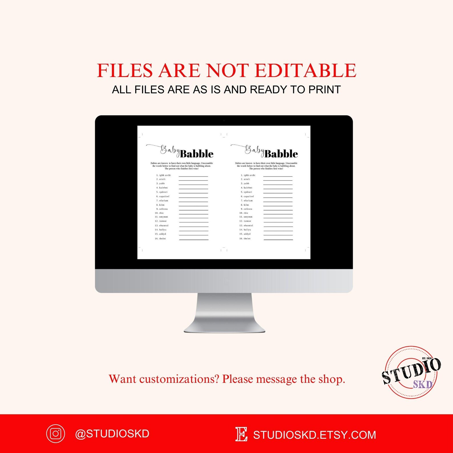 Baby Babble Word Scramble Game Card Baby Shower Unscramble Activity ...