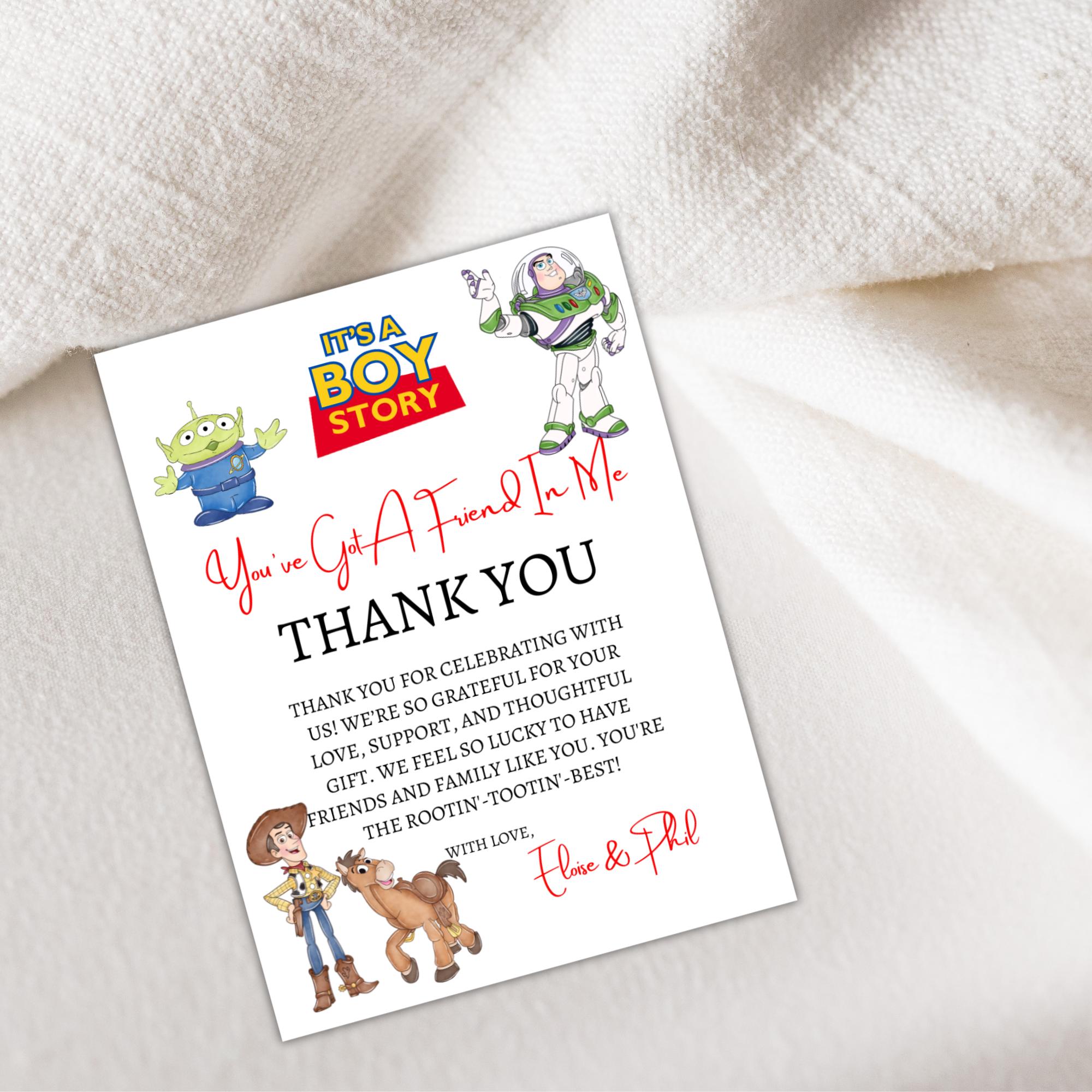 Its A Boy Story Baby Shower Thank You Card, Boy Story Toy Story Baby ...