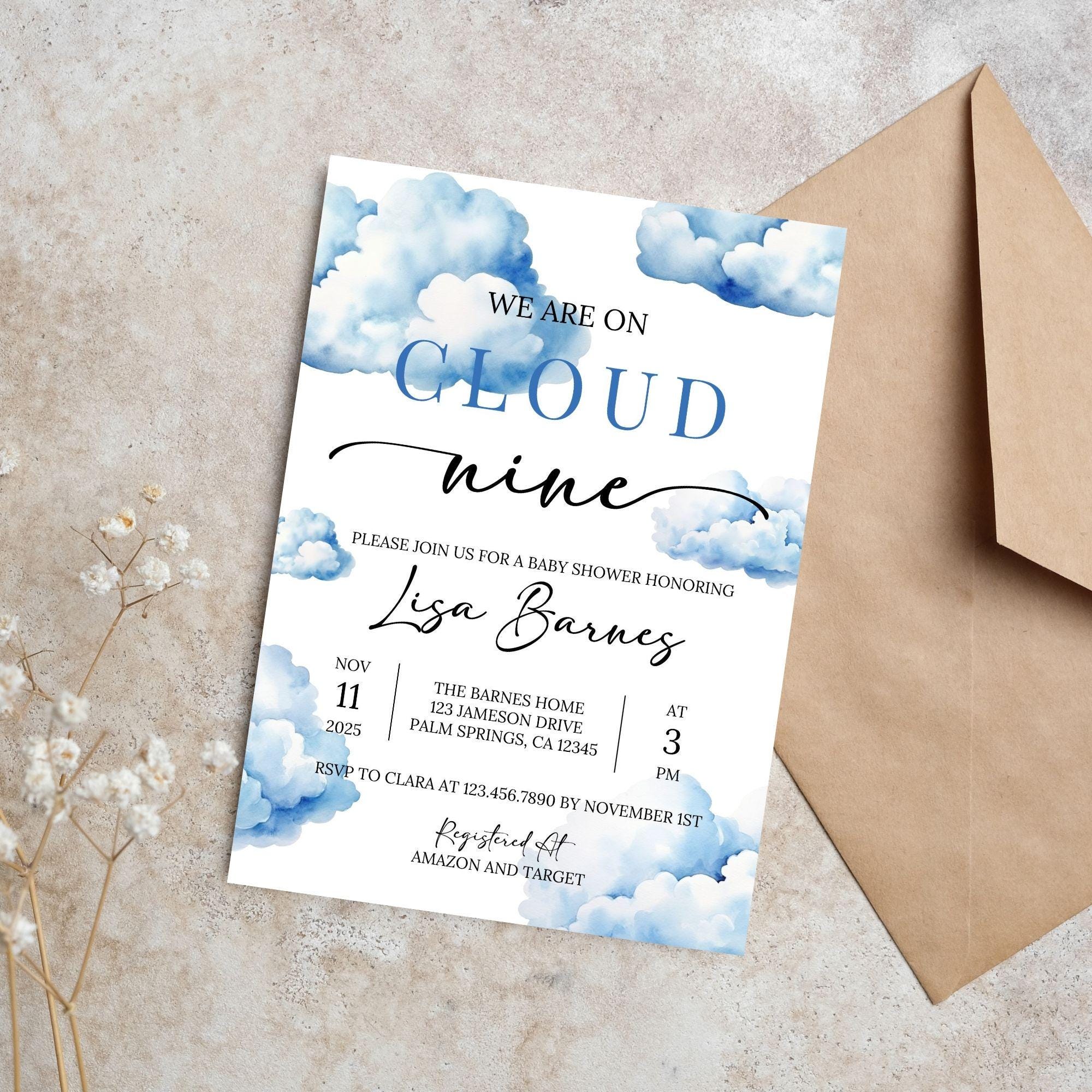 On Cloud Nine Baby Shower Invitation, Baby Boy Baby Shower, Blue Clouds ...