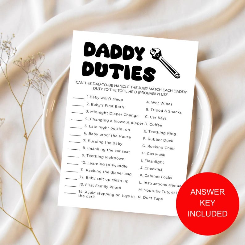 Daddy Duties Baby Shower Game, Dad Tools Baby Shower Matching Game, Dad ...