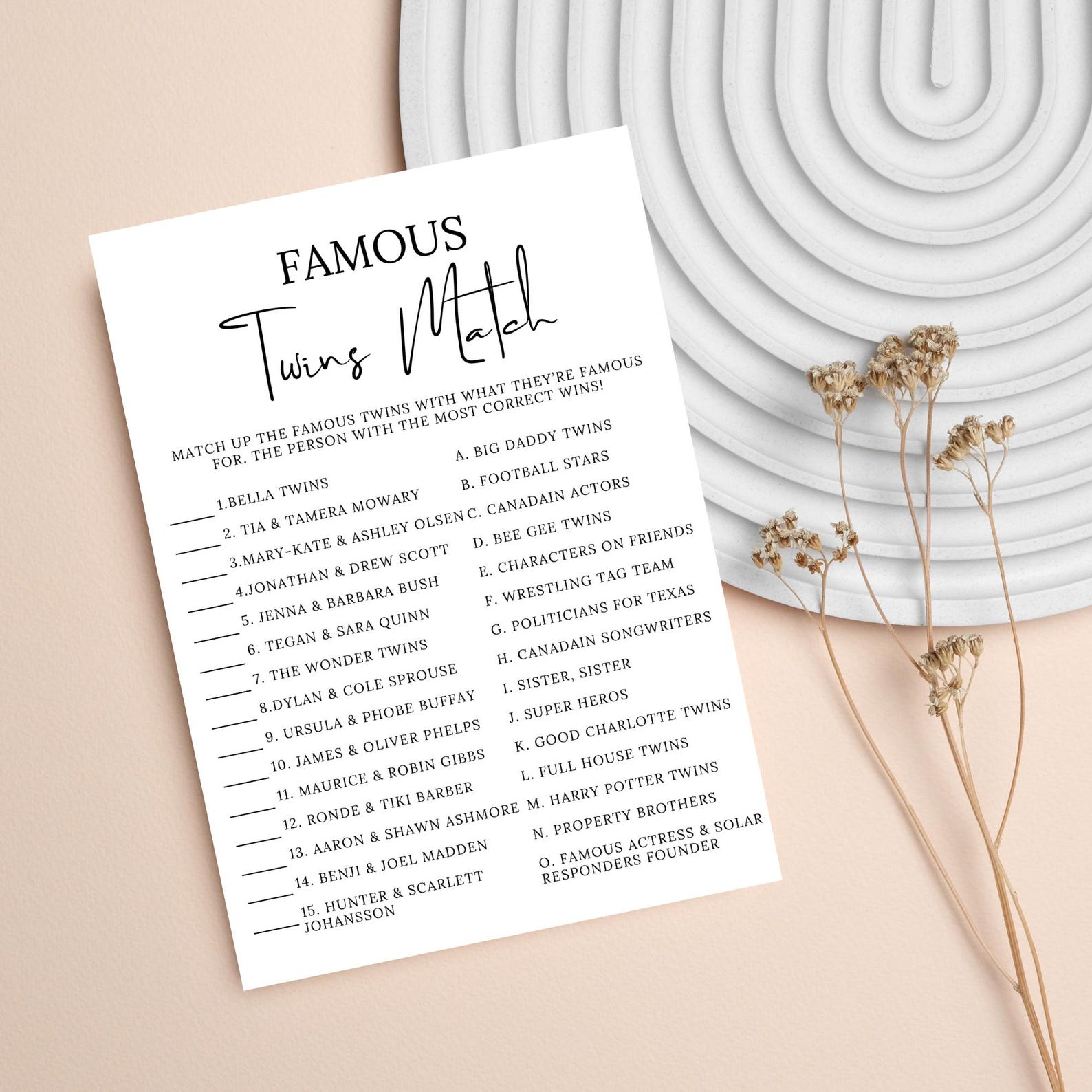 Famous Twins Match Baby Shower Game, Twins Match Game Card, Twin Baby ...