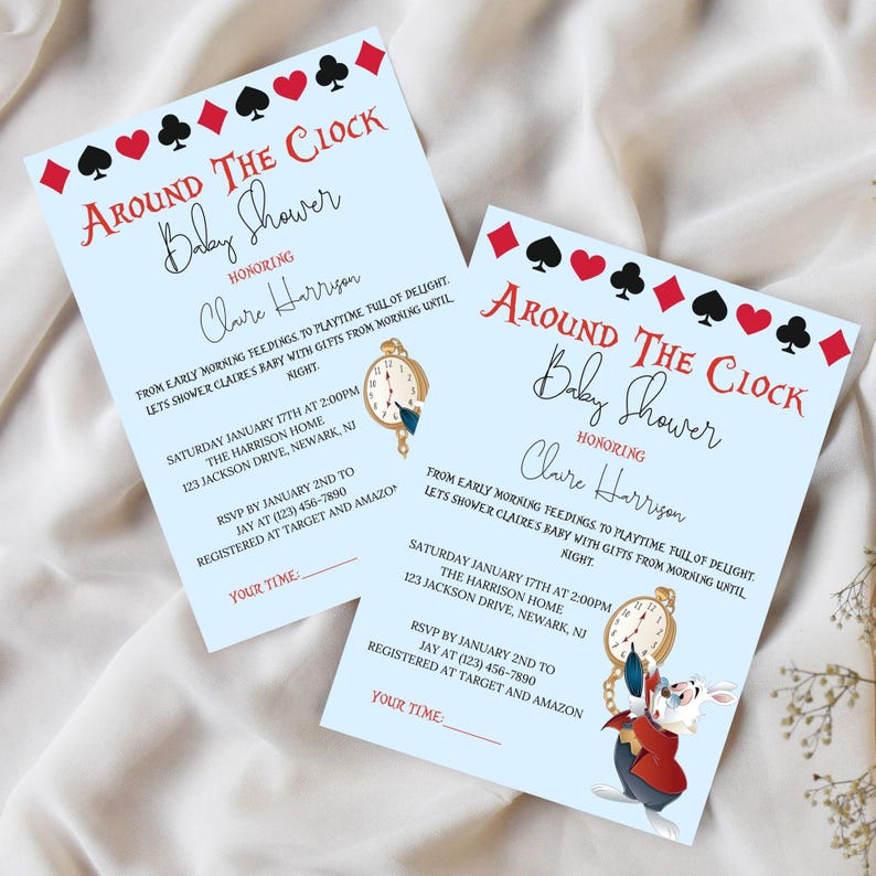 Around the Clock Baby Shower Invitation, Don't Be Late Wonderland ...
