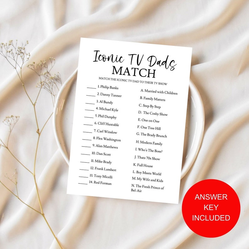 Iconic TV Dads Matching Baby Shower Game Card, Match the TV Dad to ...