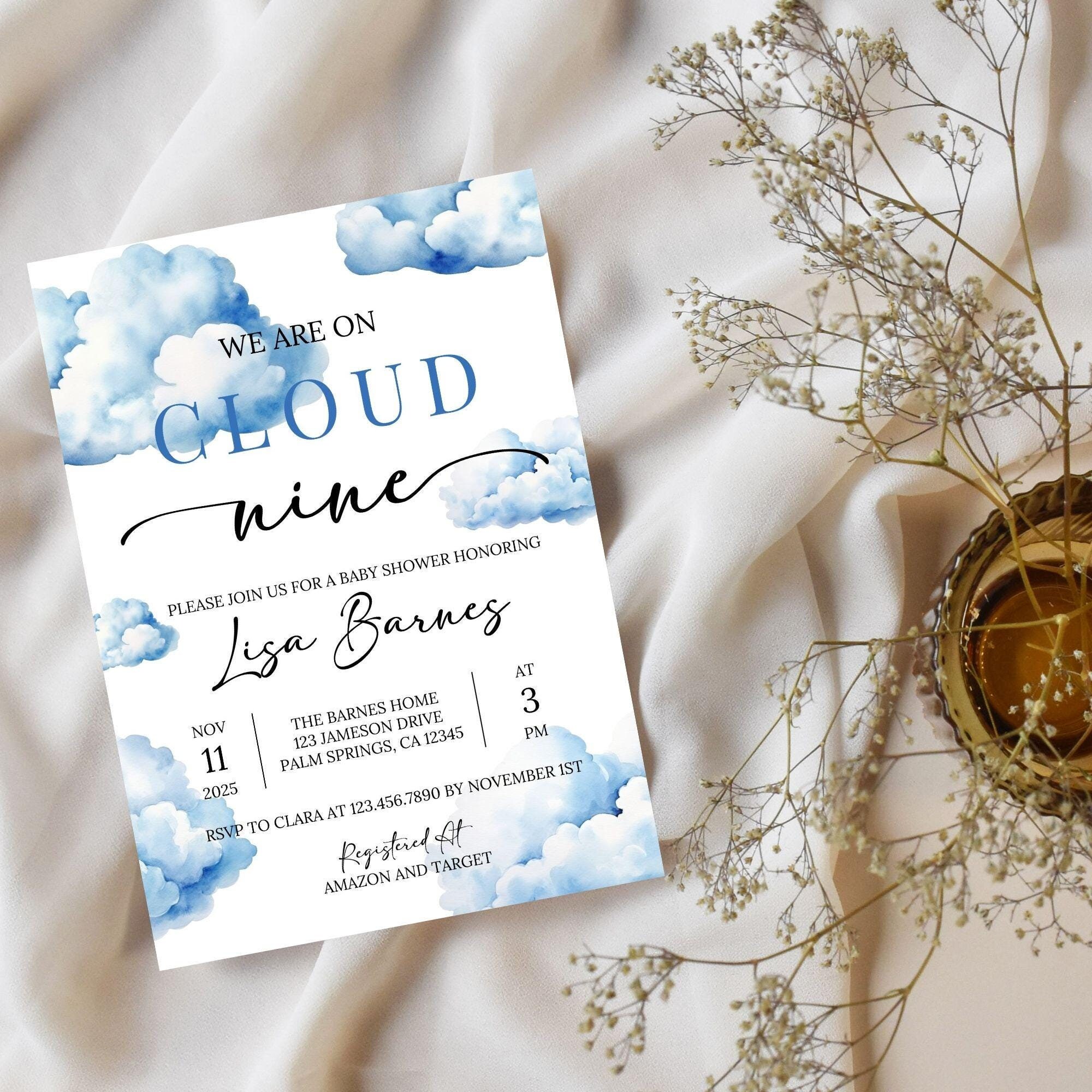On Cloud Nine Baby Shower Invitation, Baby Boy Baby Shower, Blue Clouds ...