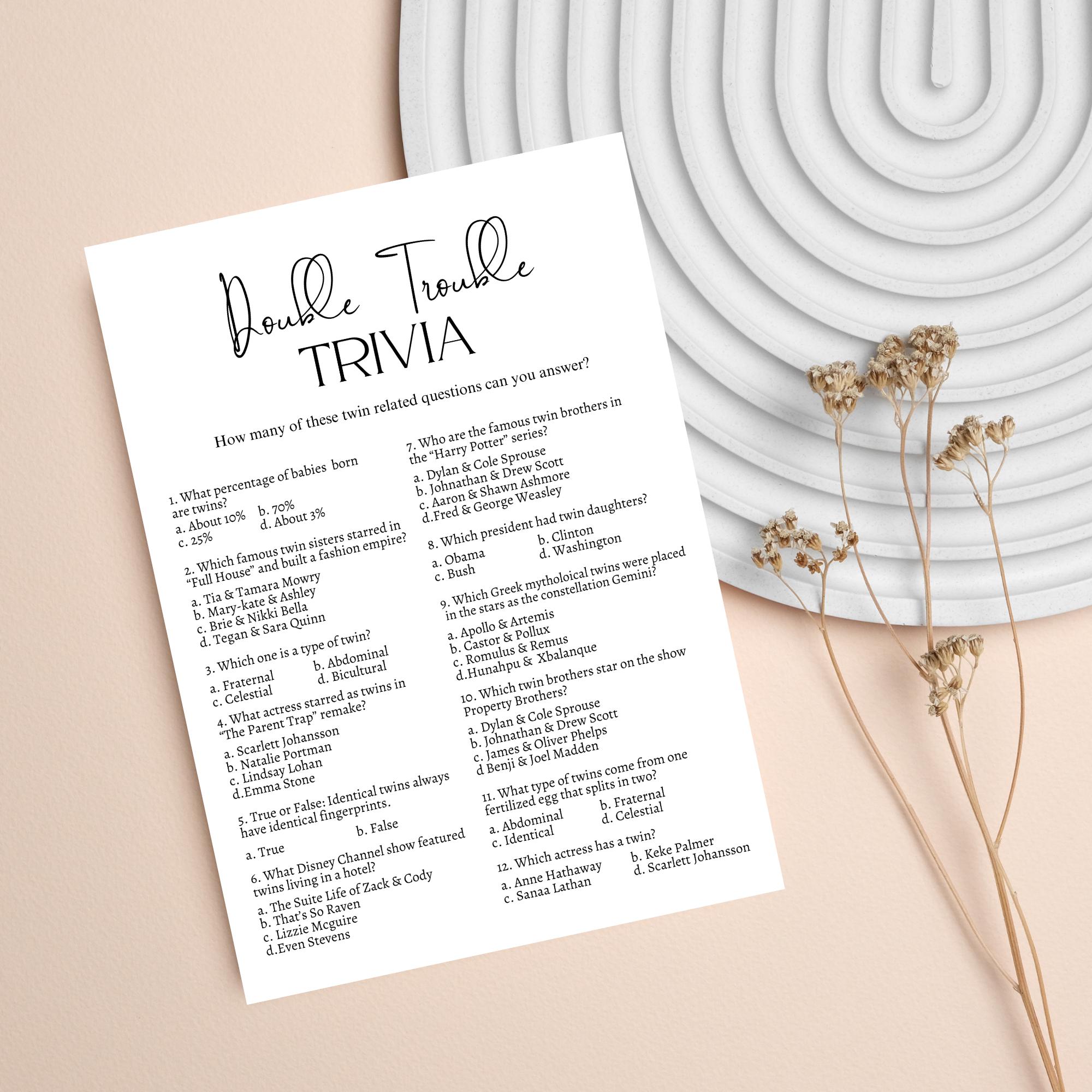 Twins Baby Shower Games, Double Trouble Trivia Game, Twin Baby Shower ...