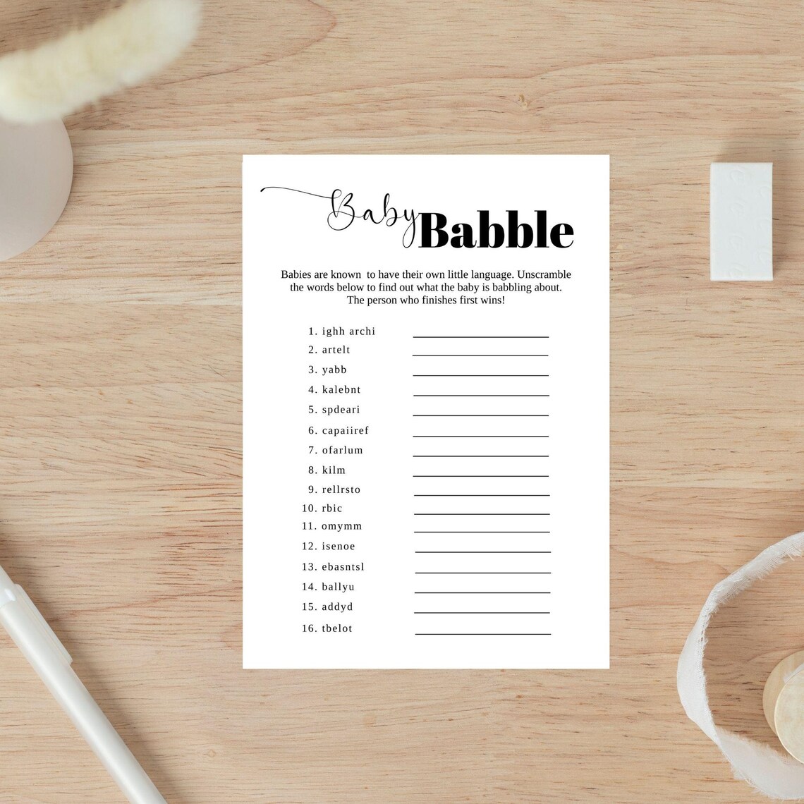 Baby Babble Word Scramble Game Card Baby Shower Unscramble Activity ...