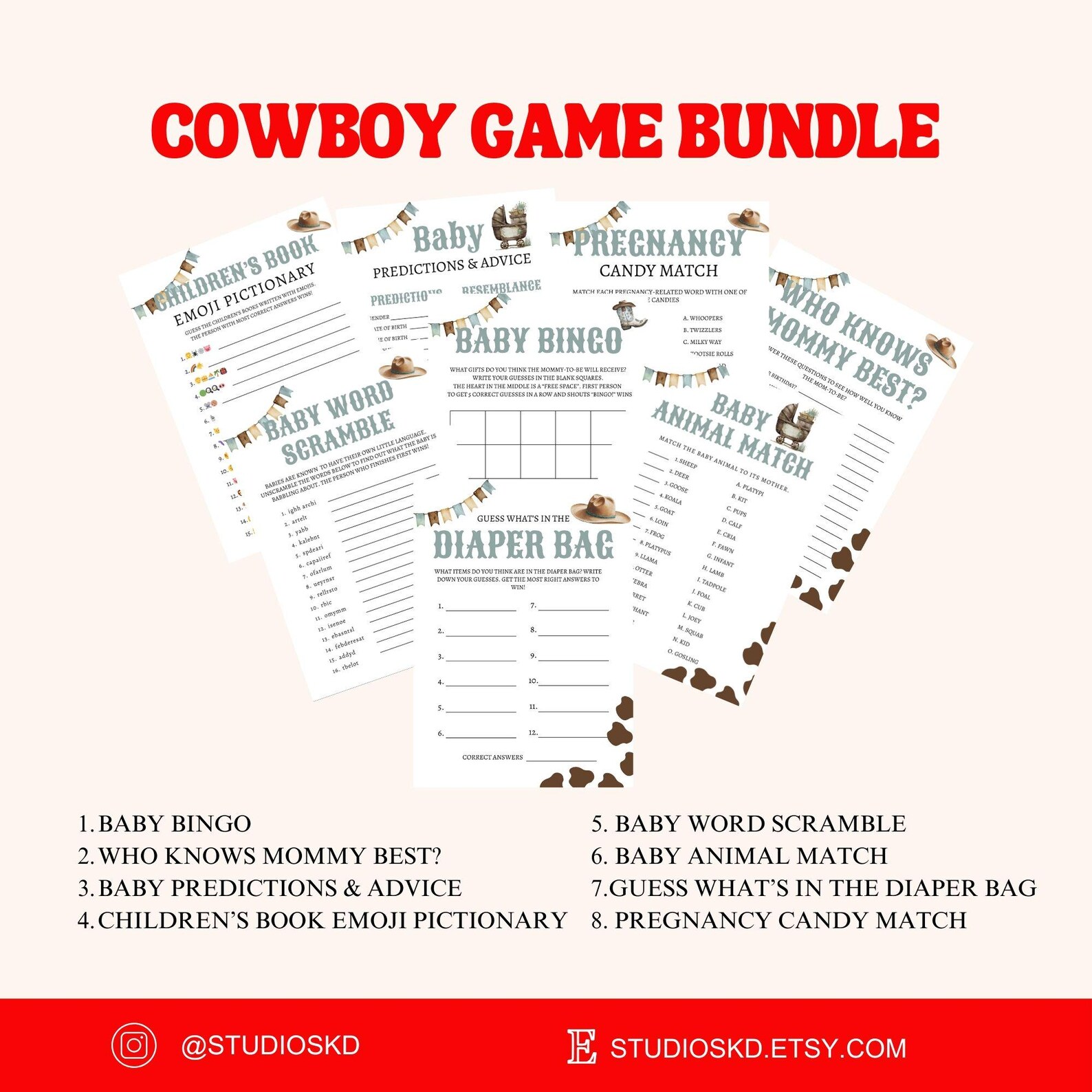 Cowboy Baby Shower Games Bundle - Baby Shower Bingo, Who Knows Mommy ...
