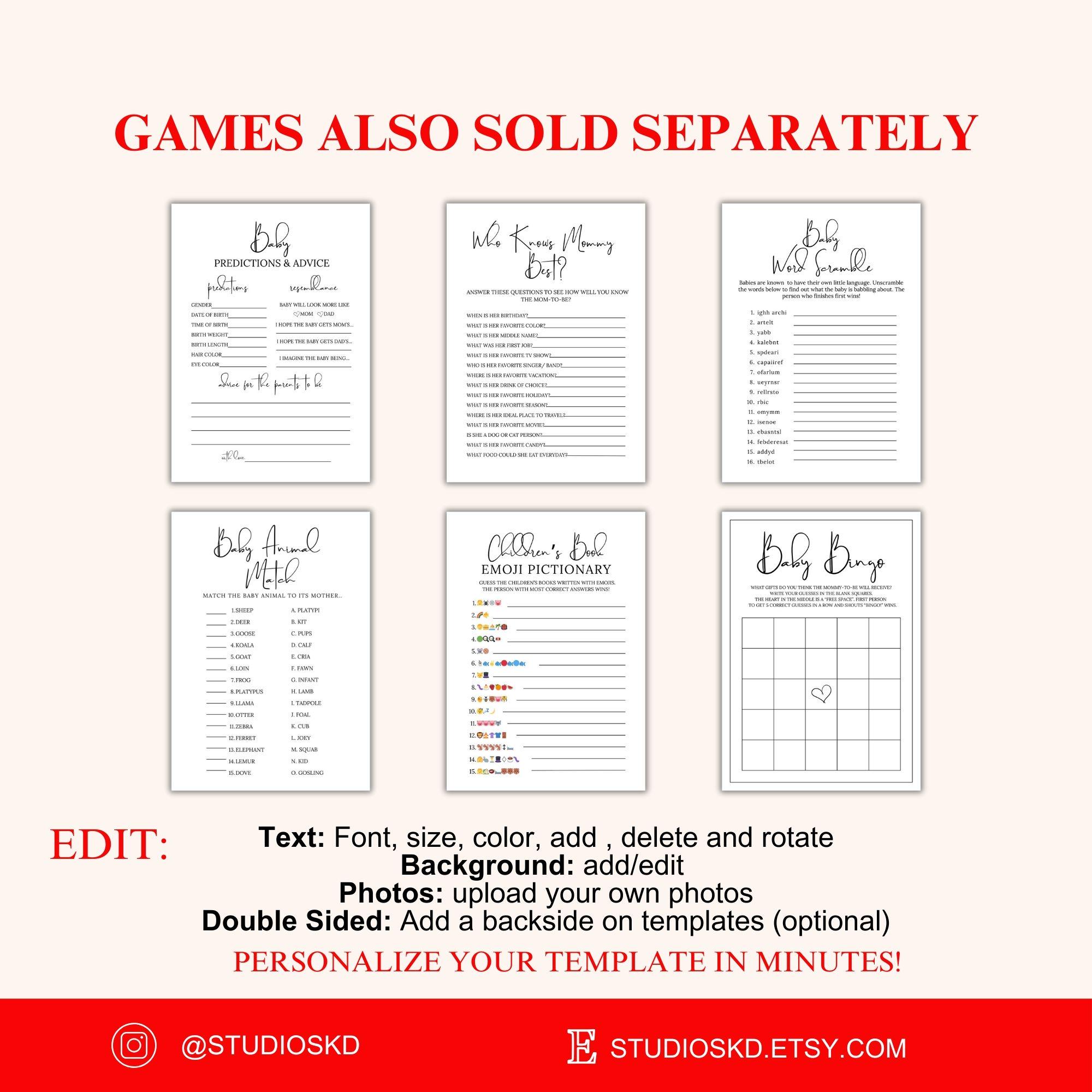 Top 6 Baby Shower Games Bundle Baby Shower Bingo, Who Knows Mommy Best ...