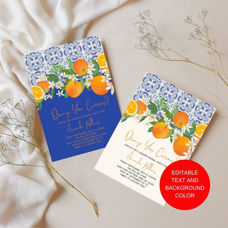 Editable Gender Reveal Invitation, Orange You Curious, A Little Cutie ...