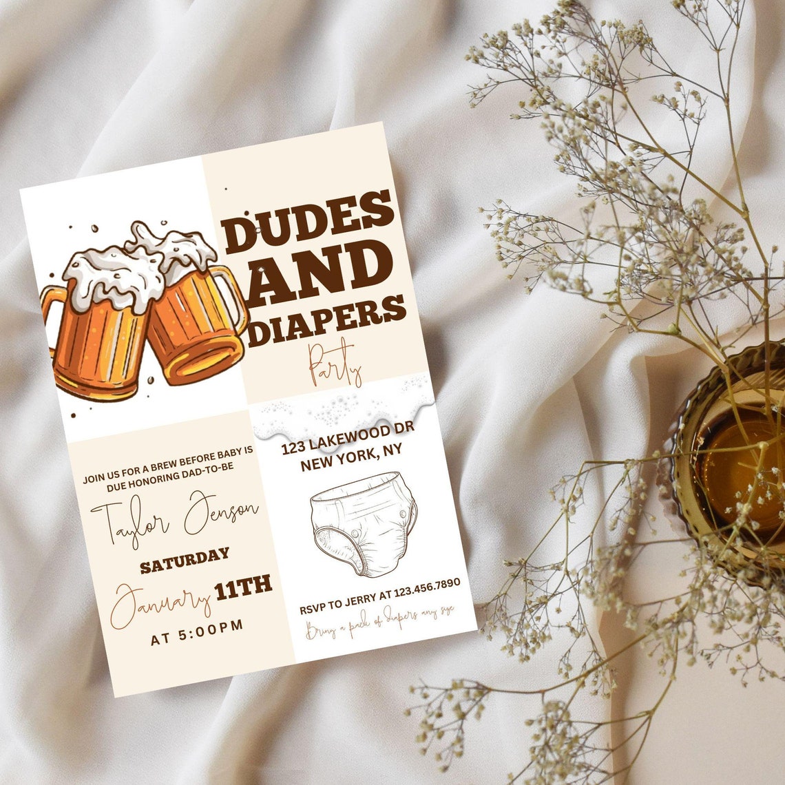 Dudes and Diapers Invitation, Beer Theme Baby Shower for Dad, Editable ...
