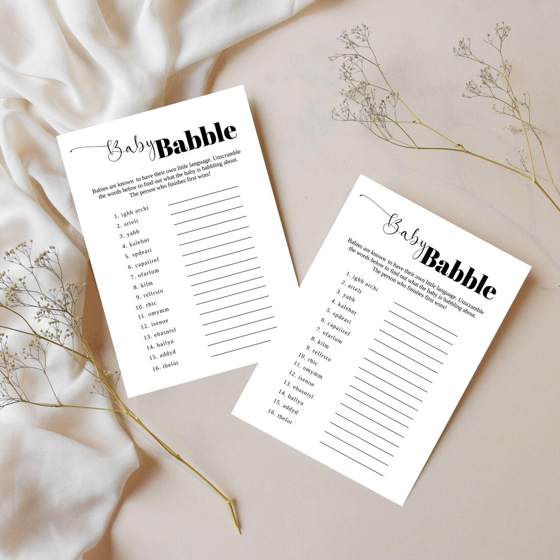 Baby Babble Word Scramble Game Card Baby Shower Unscramble Activity ...