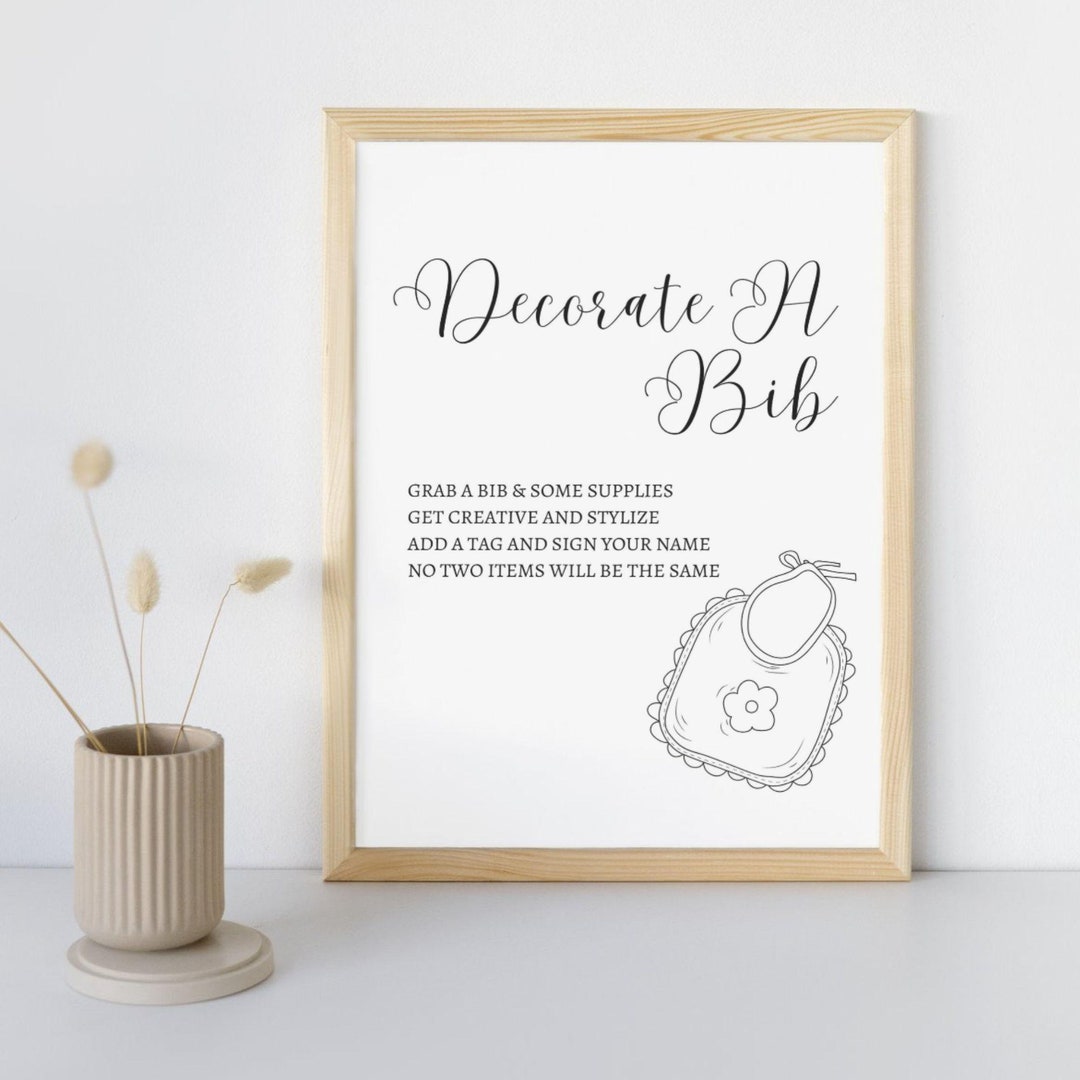 Decorate A Bib Baby Shower Activity Sign, Baby Shower Bib Decorating ...