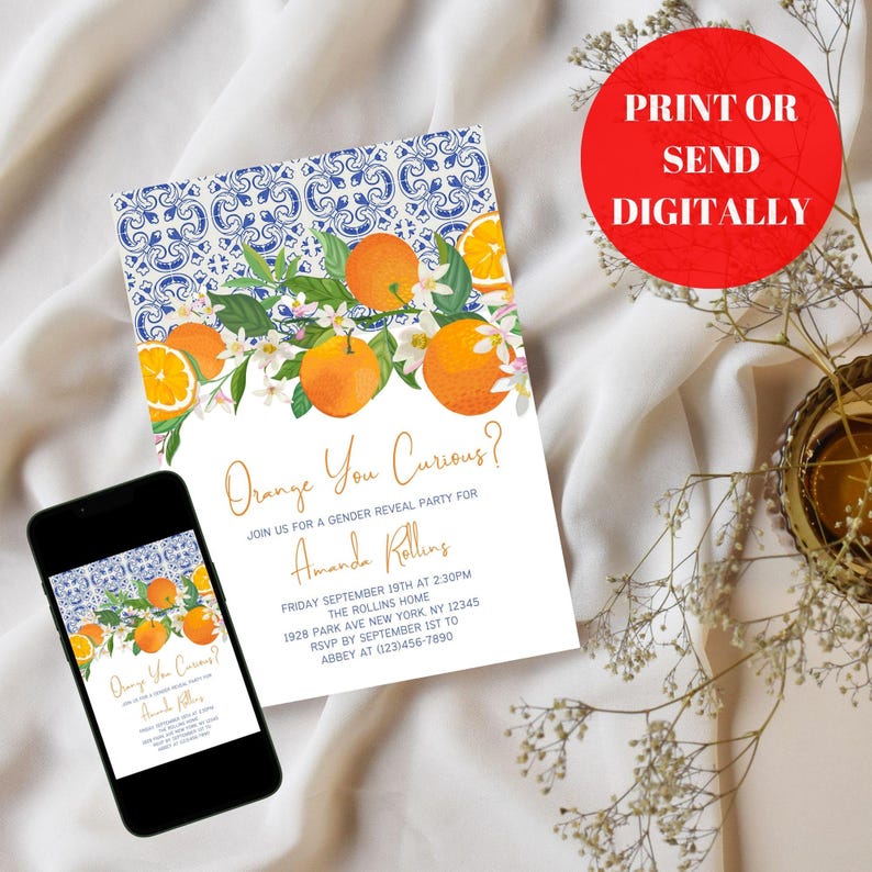 Gender Reveal Party Invitation, Orange You Curious?, Little Cutie ...