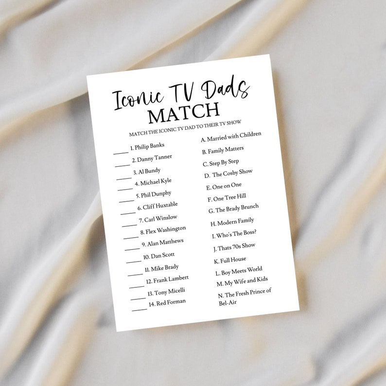 Iconic TV Dads Matching Baby Shower Game Card, Match the TV Dad to ...