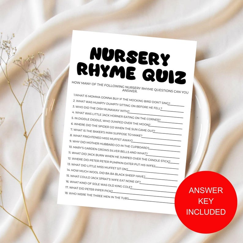 Nursery Rhyme Quiz Baby Shower Game, Shower Nursery Rhyme Game, Nursery ...
