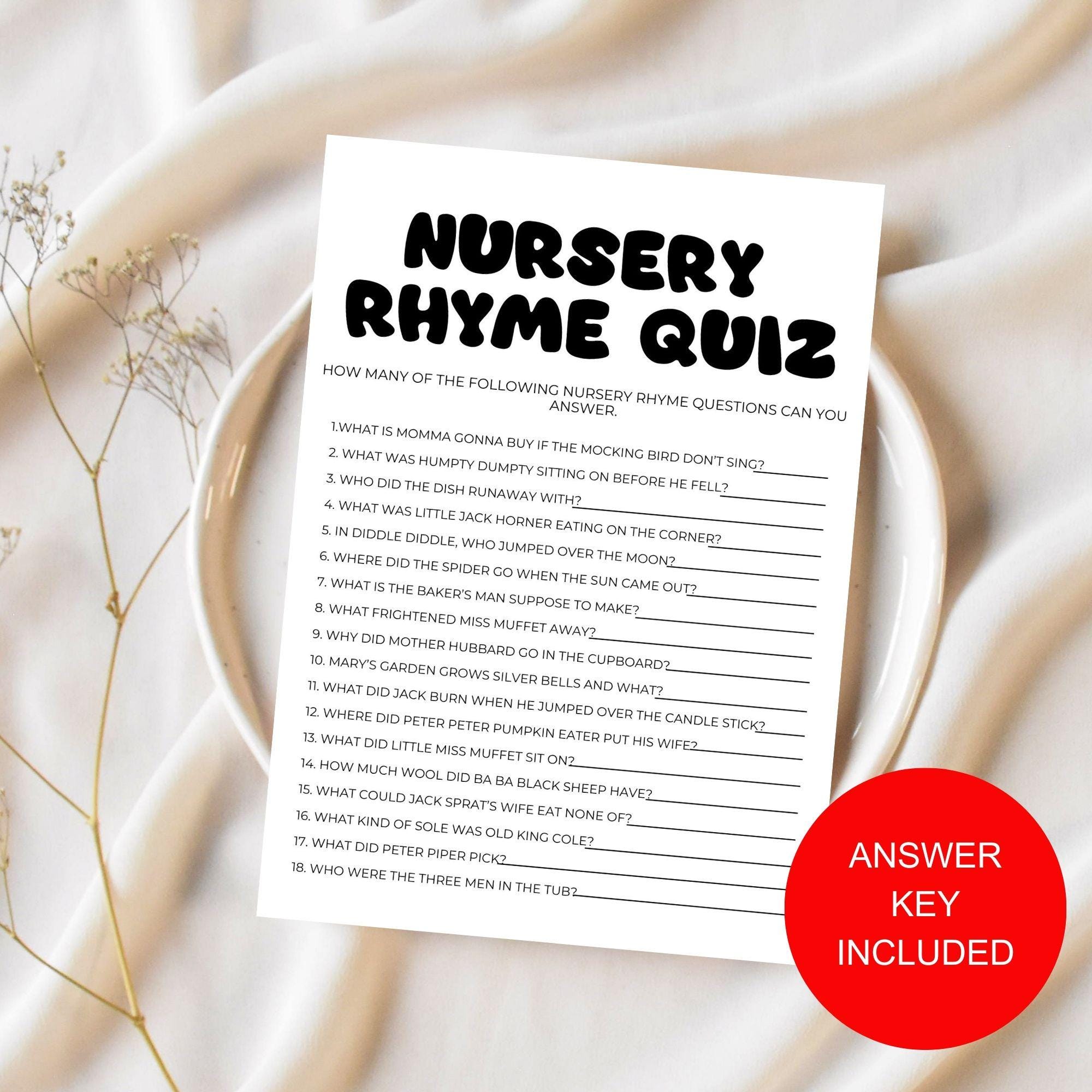Nursery Rhyme Quiz Baby Shower Game, Shower Nursery Rhyme Game, Nursery ...
