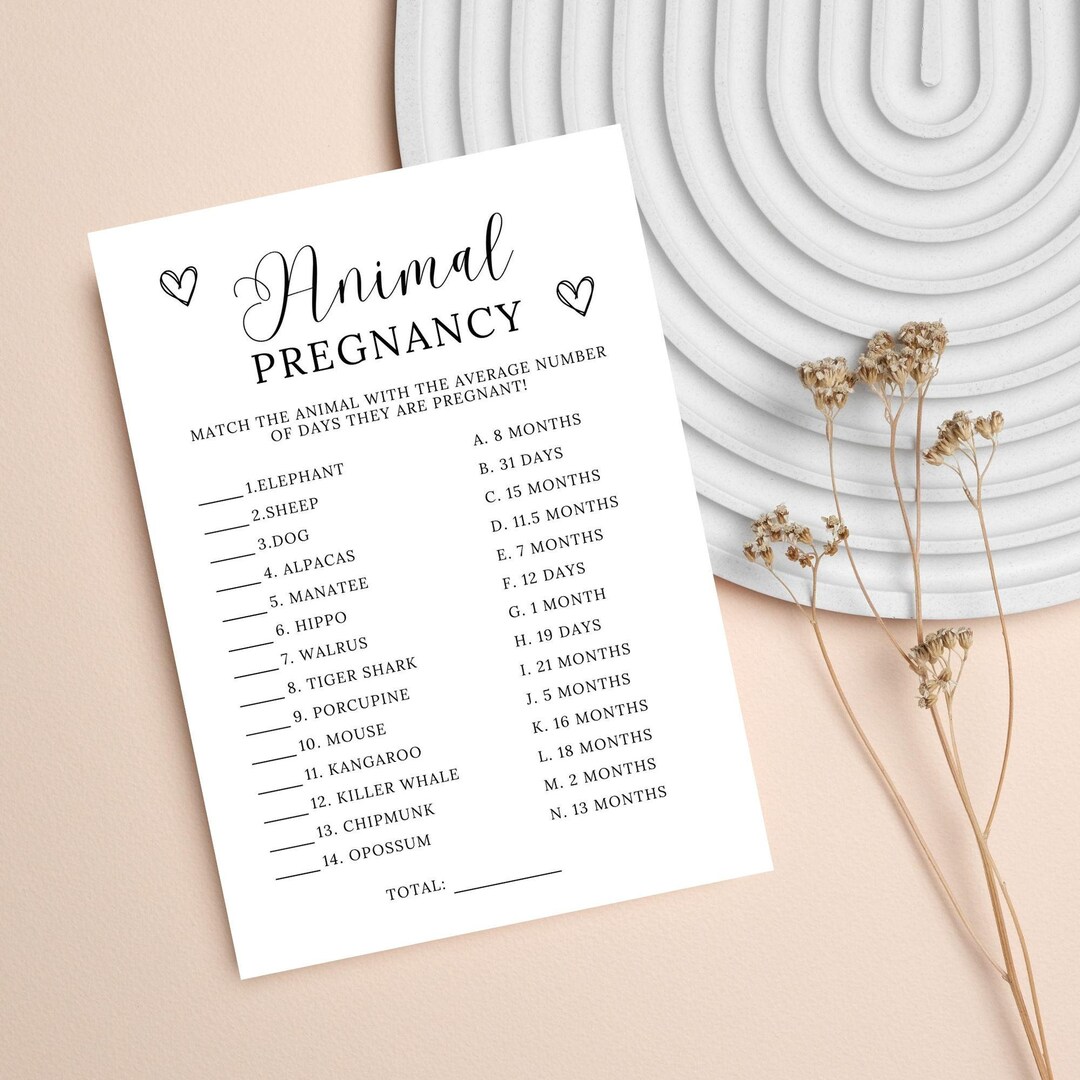 Animal Pregnancy Match Baby Shower Game, Animal Gestation Game, Baby ...