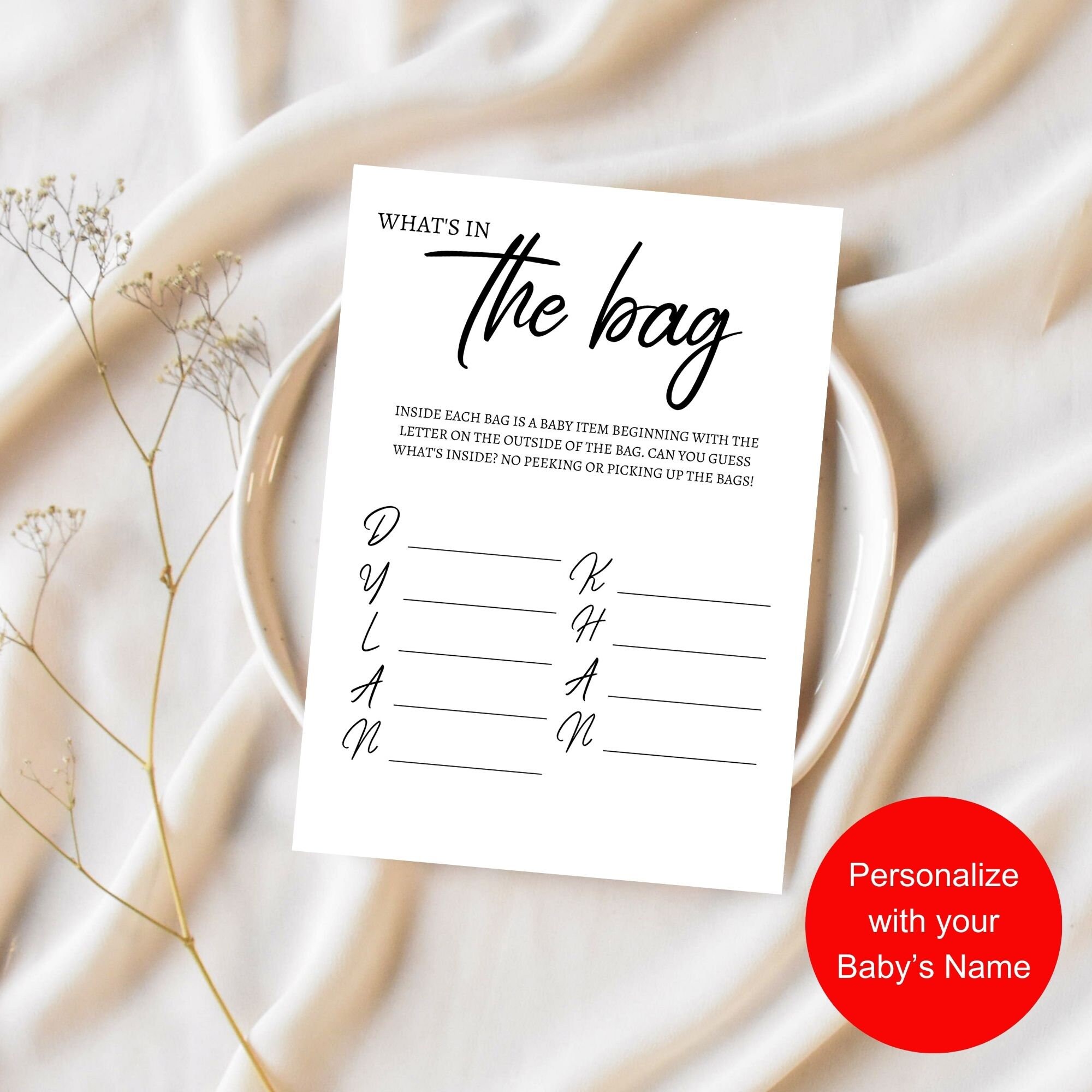 Personalized What's in the Bag Baby Shower Game, Baby Items Guessing ...