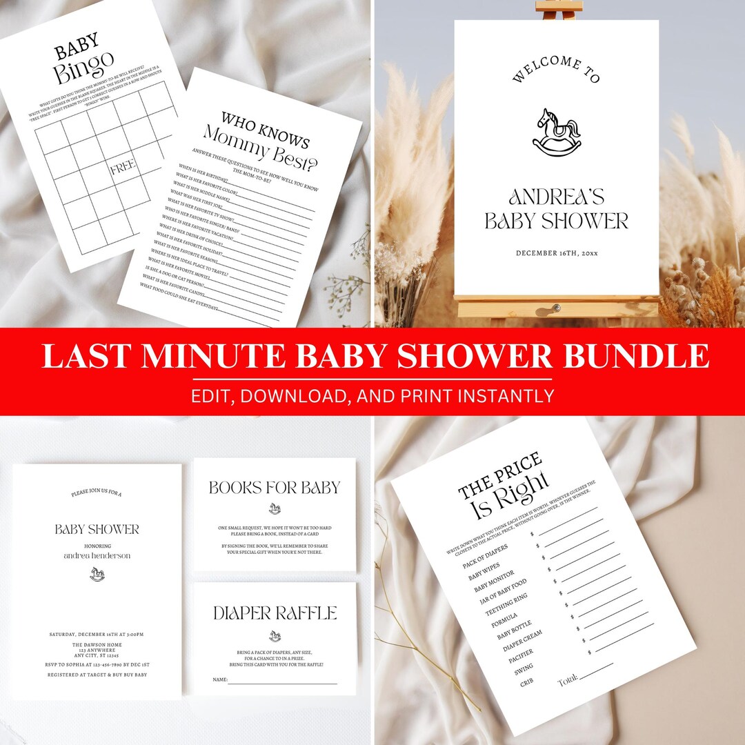 Last Minute Minimalist Baby Shower Bundle, Editable Games and Decor ...